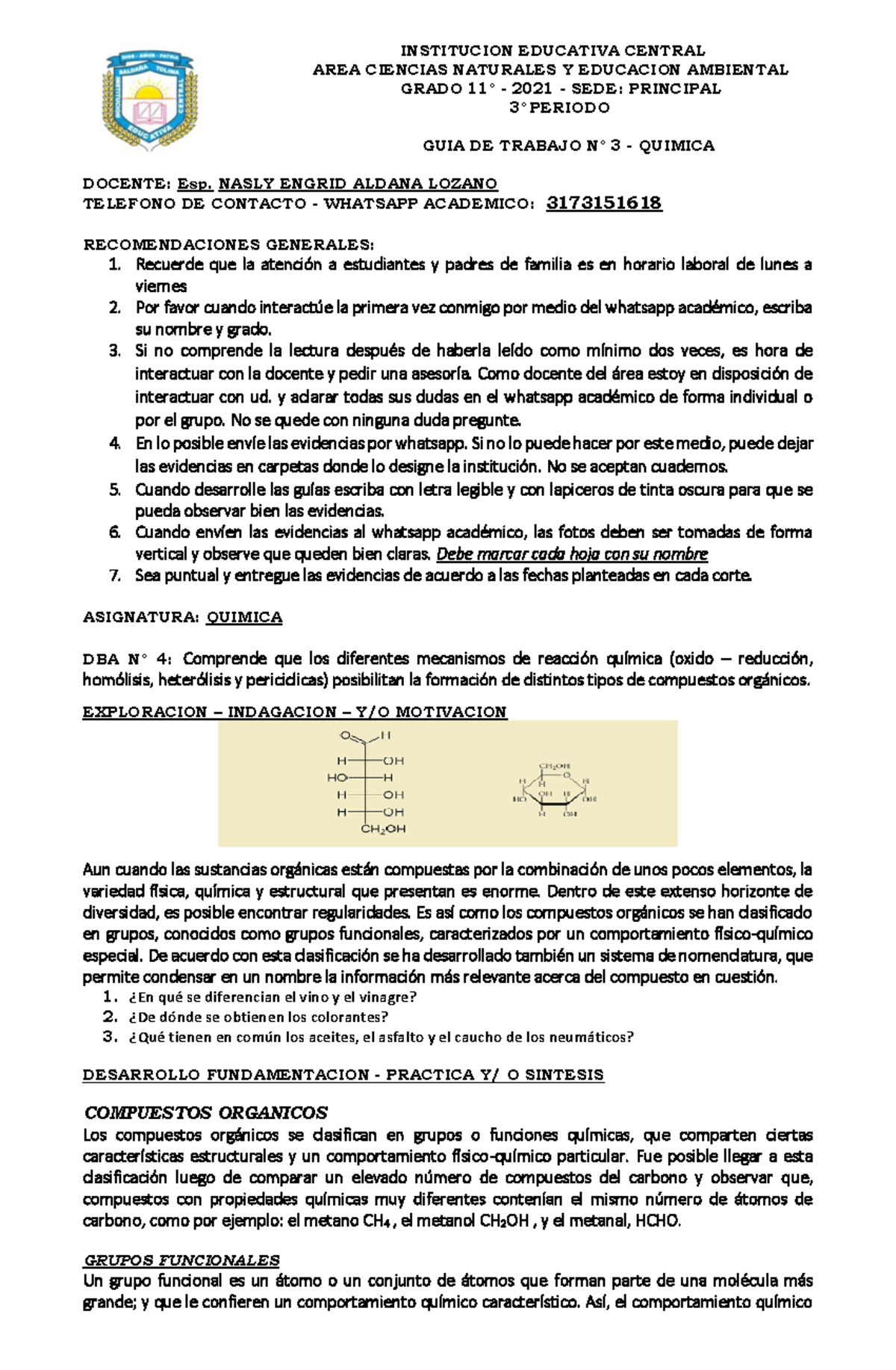 GUIA Quimica Grado 11° N°3 - INSTITUCION EDUCATIVA CENTRAL AREA CIENCIAS NATURALES Y EDUCACION ...