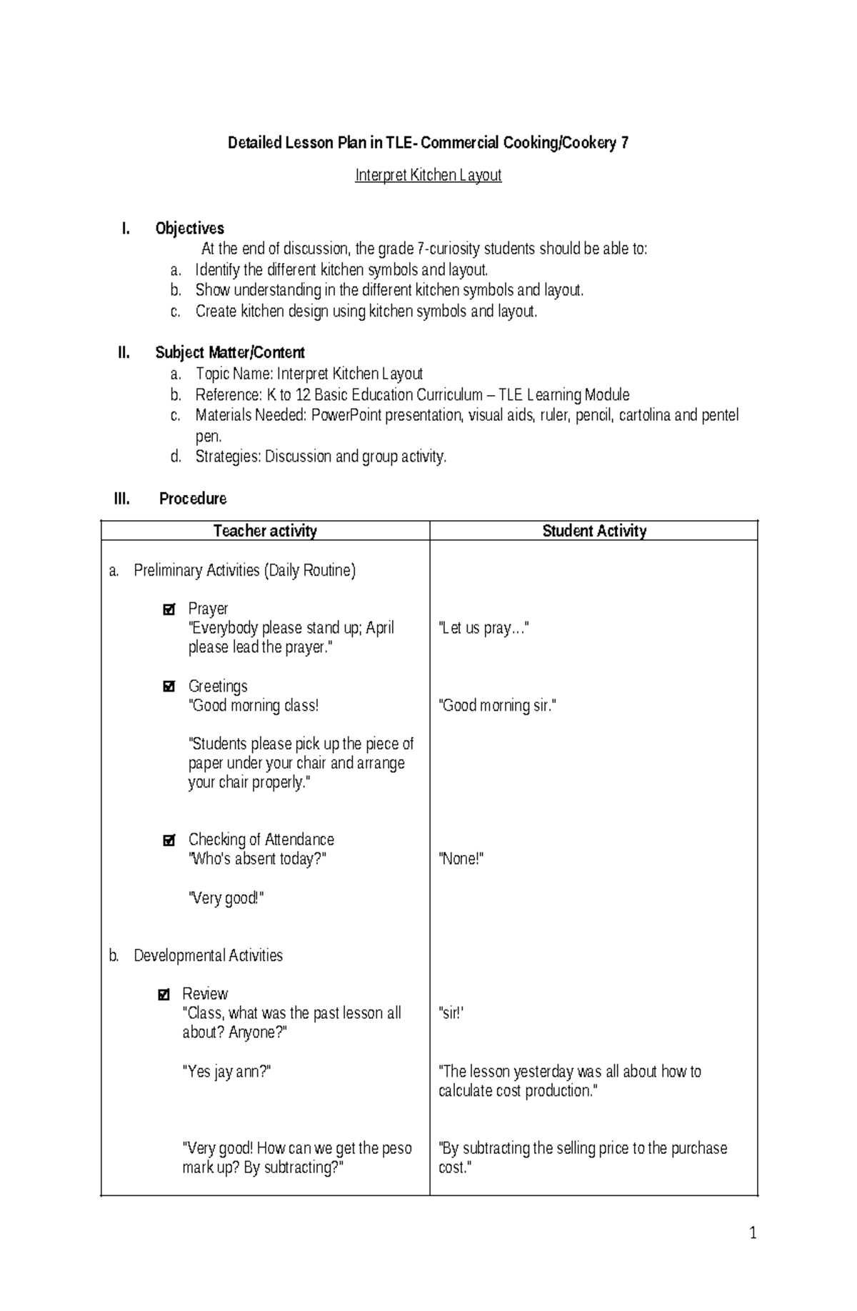 DLP IN Cookery Interpret Kitchen LAY OUT - Detailed Lesson Plan in TLE ...