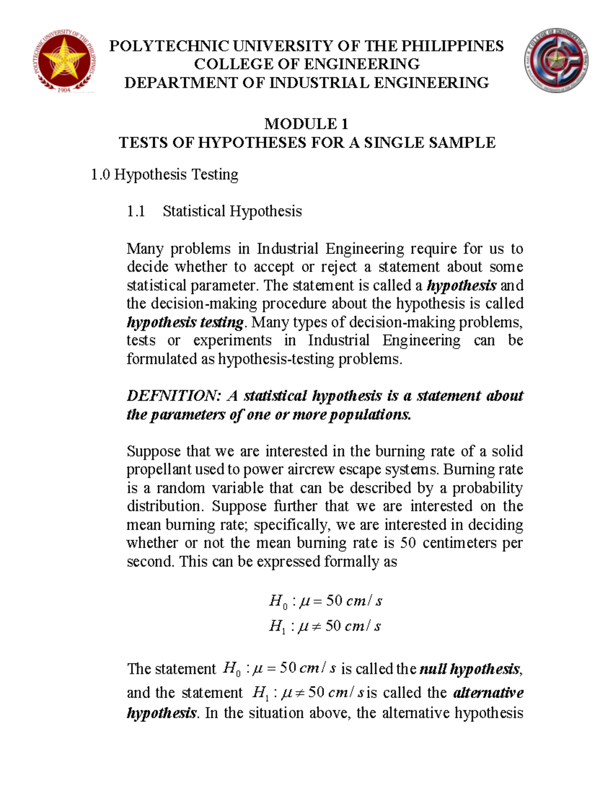 Module-1 - statistics and probability - MODULE 1 TESTS OF HYPOTHESES ...