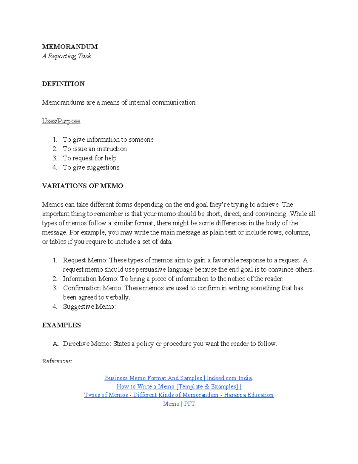 Memorandum Summary Note - MEMORANDUM A Reporting Task DEFINITION ...