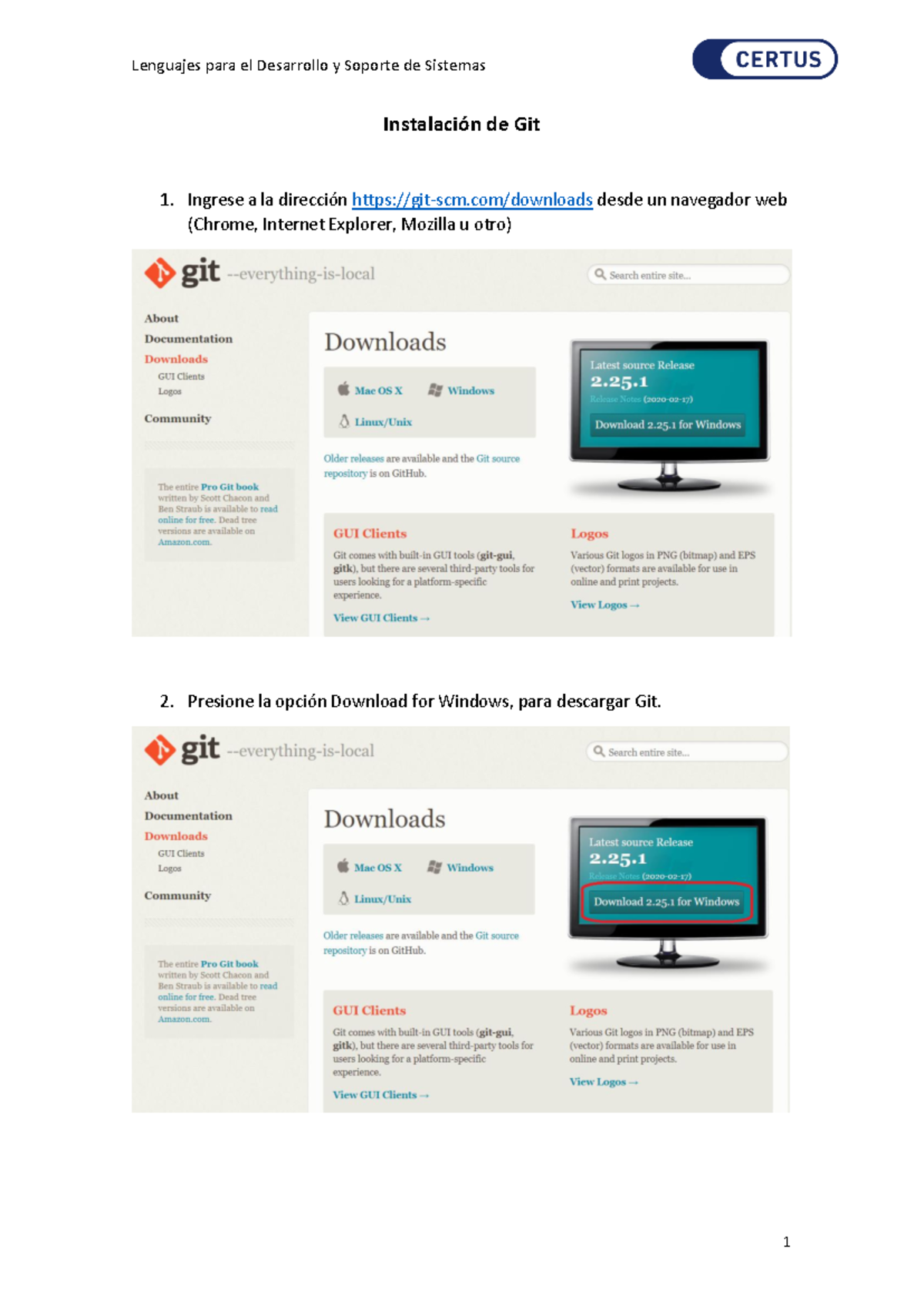 Sesión 2 - Guía 3 - DOCUMENTO - Instalación de Git 1. Ingrese a la dirección git-scm/downloads ...