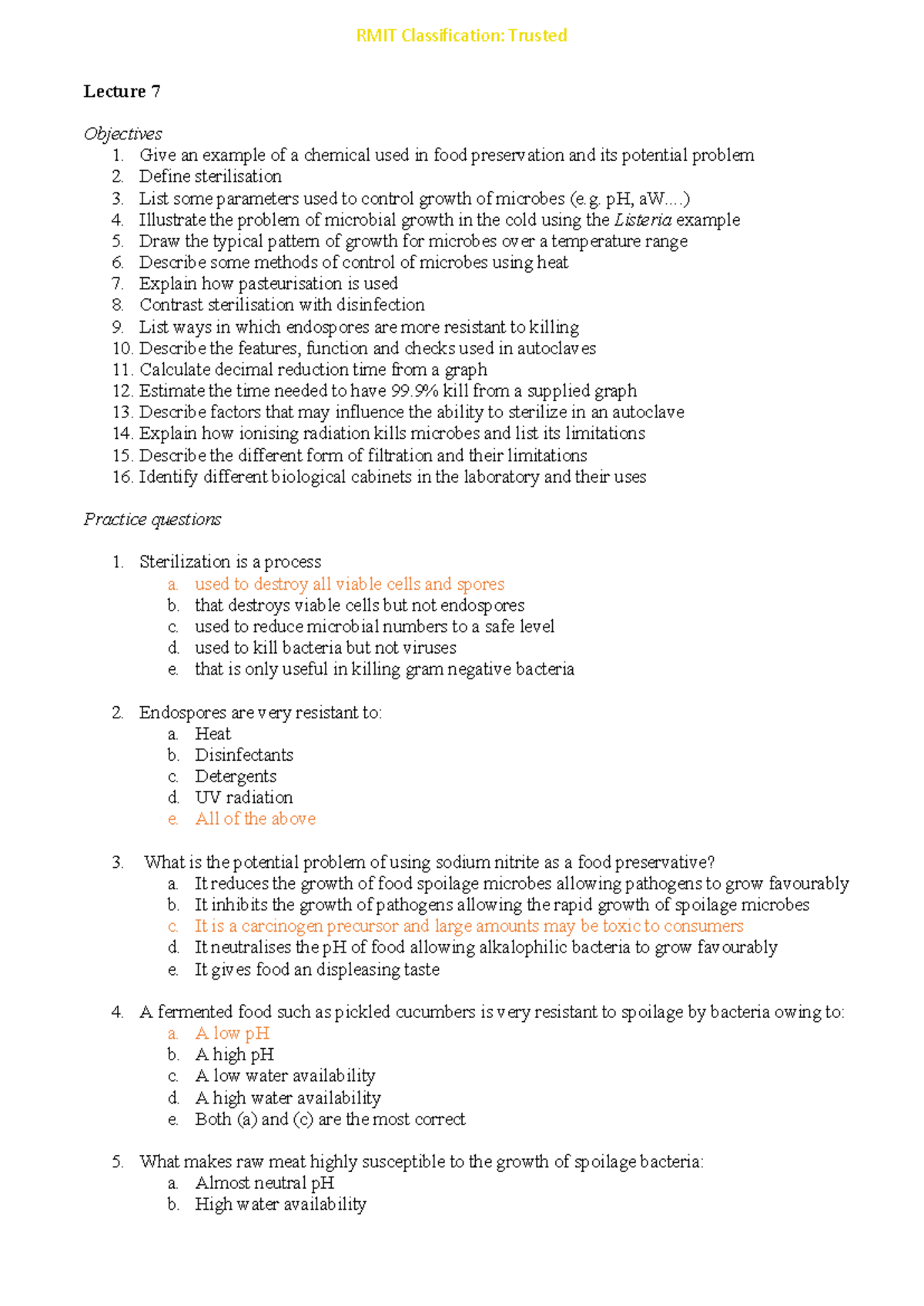 Lecture 7 Practice questions - Lecture 7 Objectives 1. Give an example of a chemical used in ...