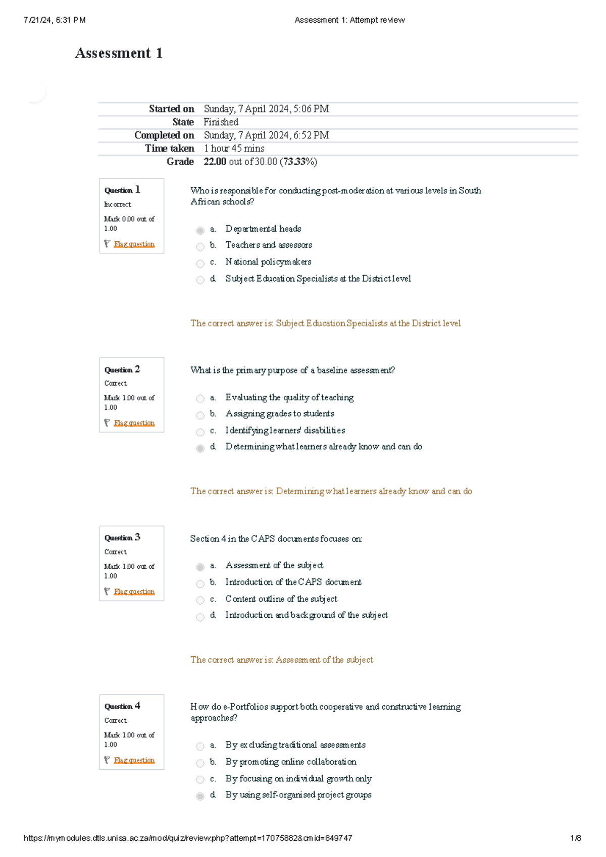 Assessment 1 Attempt review - Question 1 Incorrect Mark 0 out of 1 ...