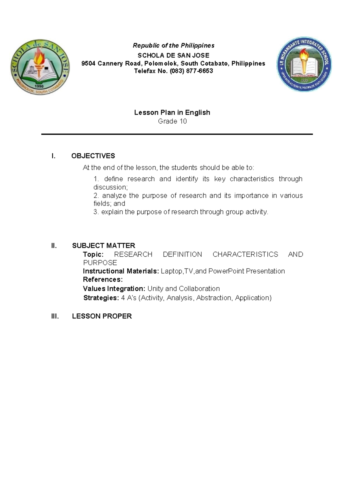 Detailed Lesson PLAN Grade 10 ( Research Definition Characteristics and ...