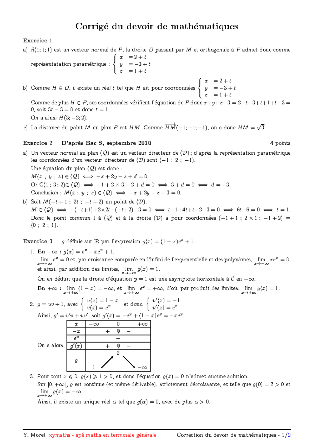 DS Geometrie espace Fonction exponentielle corrigé - Corrig ́e du ...