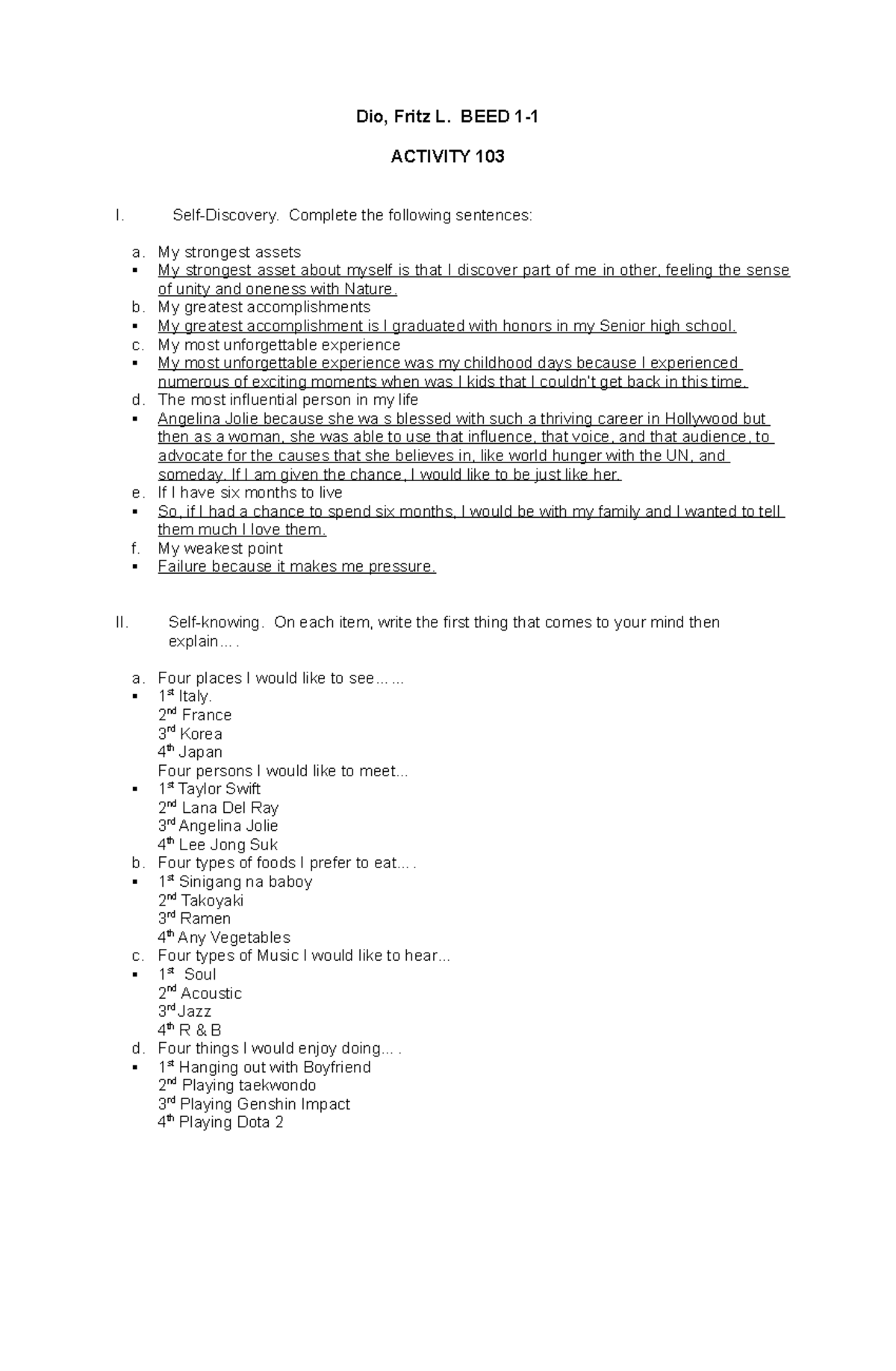Activity-103-UTS - wew - Dio, Fritz L. BEED 1- ACTIVITY 103 I. Self ...