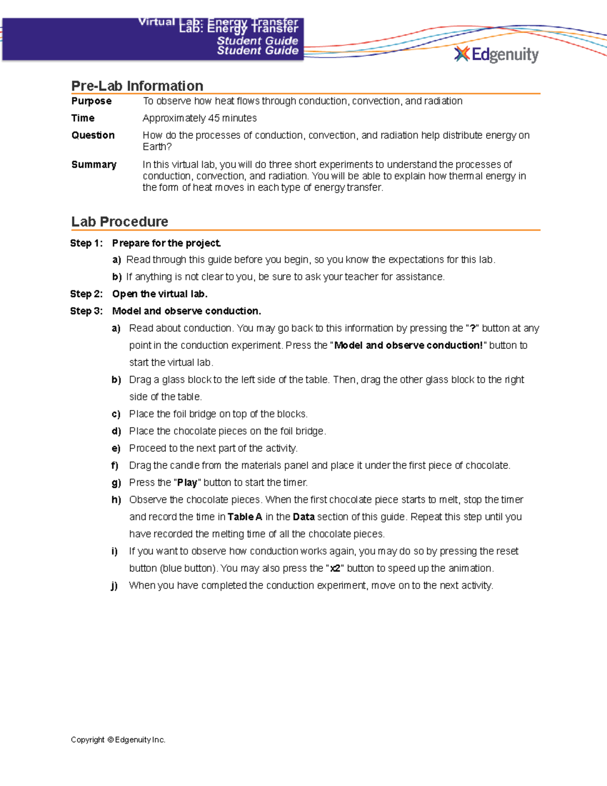 Energy Transfer Student Virtual Lab G - Pre-Lab Information Purpose To observe how heat flows ...