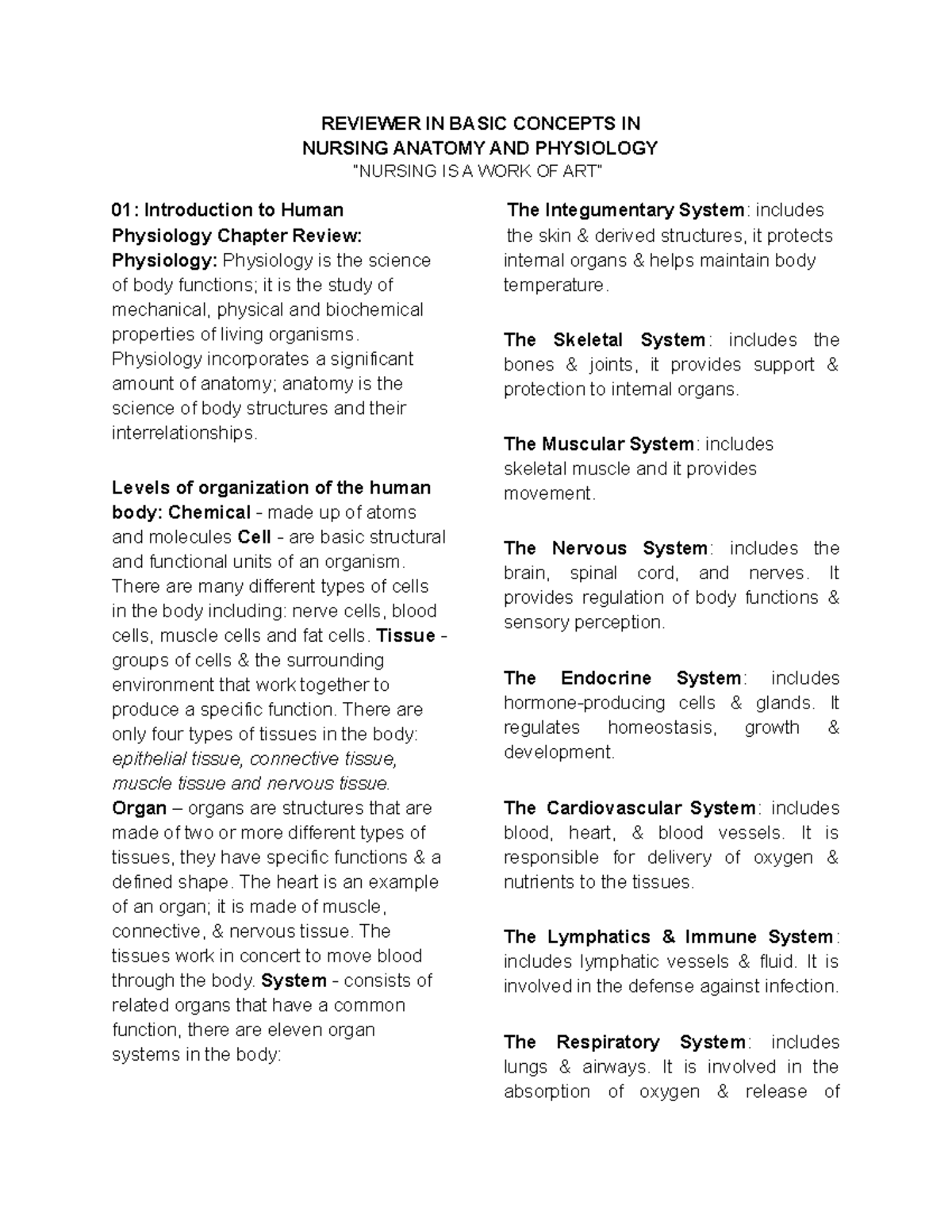 Anatomy And Physiology Review REVIEWER IN BASIC CONCEPTS IN NURSING