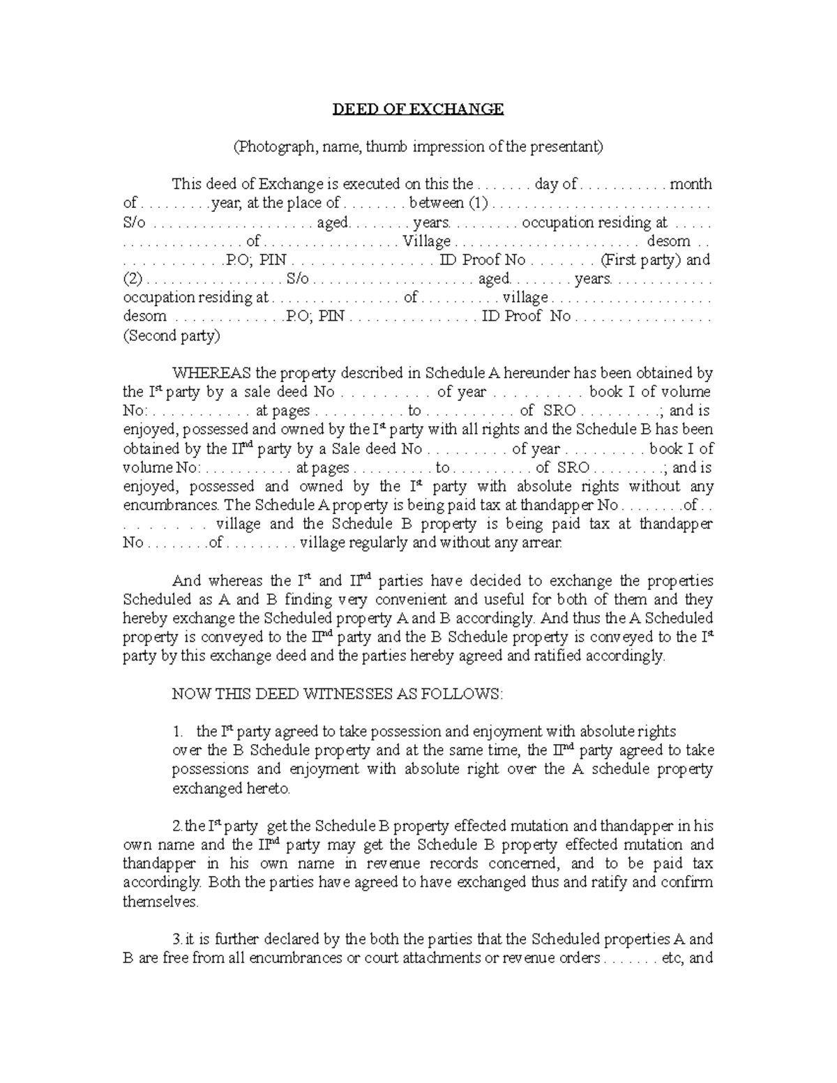 Exchange Deed Eng - DEED OF EXCHANGE (Photograph, name, thumb ...