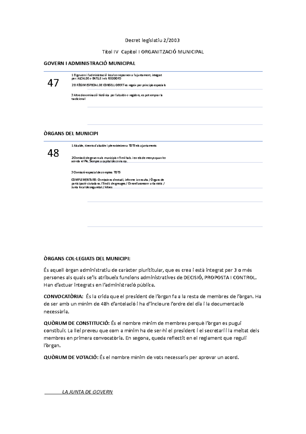 Esquema Organs COL - Decret legislatiu 2/ Títol IV Capítol I ORGANITZACIÓ MUNICIPAL GOVERN I ...