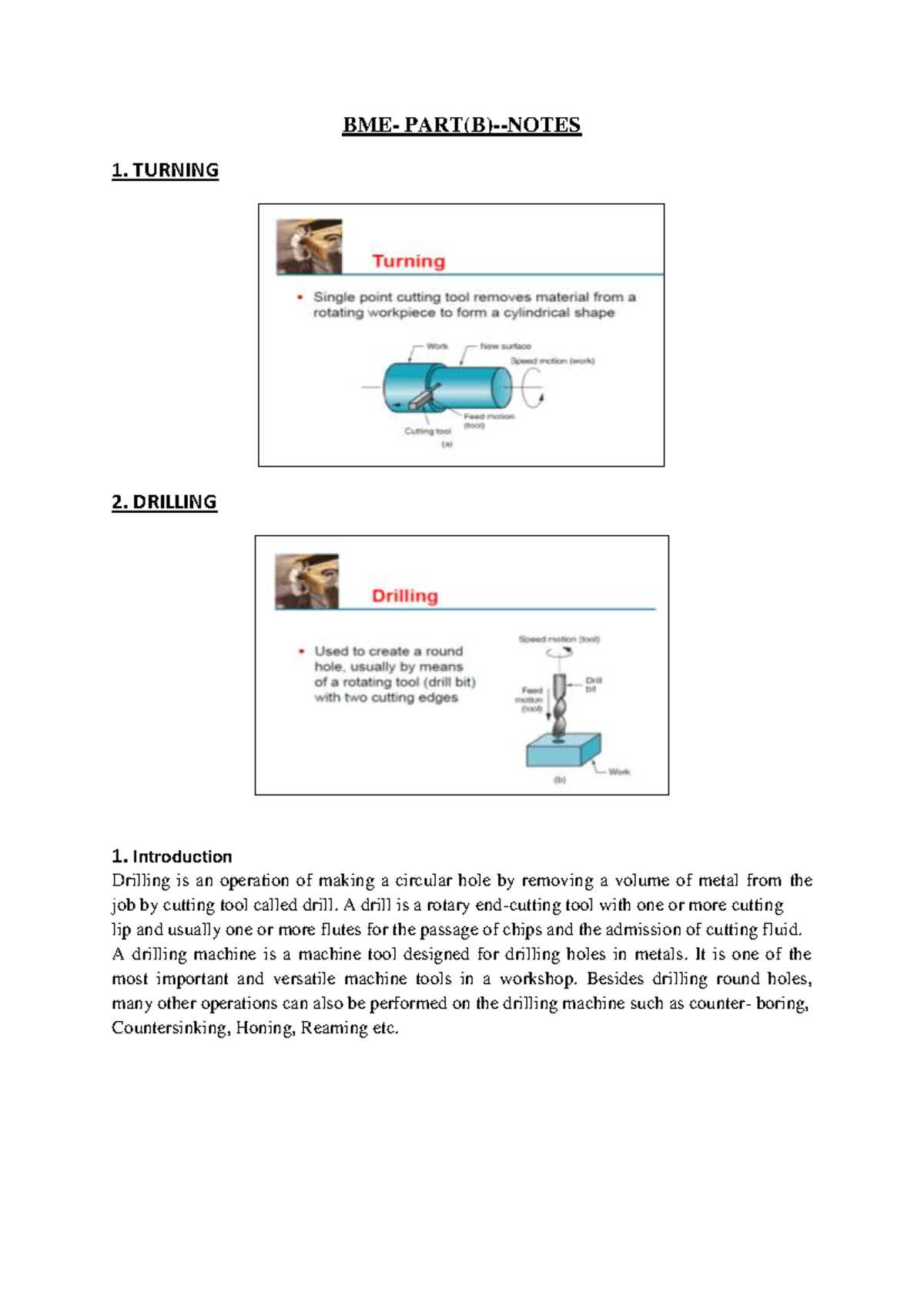 BME PART (B) Notes - BME- PART(B)-NOTES 1. TURNING 2. DRILLING 1 ...