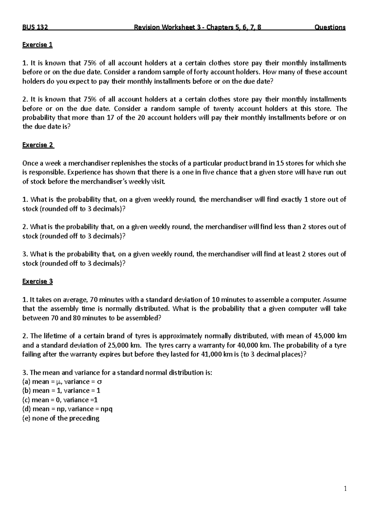 Revision Worksheet 3 Ch 5, 6, 7, 8 Questions - BUS 132 Revision Worksheet 3 - Chapters 5, 6, 7 ...