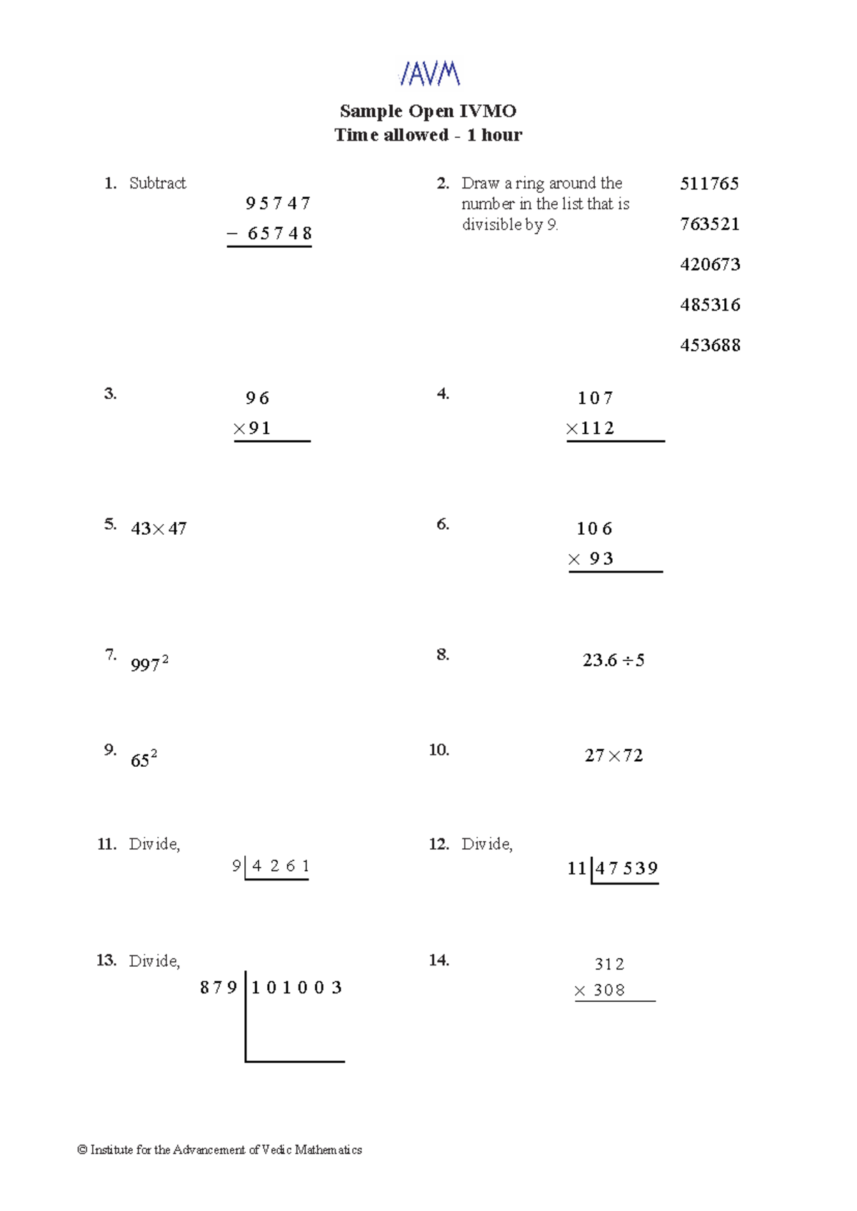 5 - ivmo - Sample Open IVMO Time allowed - 1 hour 1. Subtract 9 5 7 4 7 ...