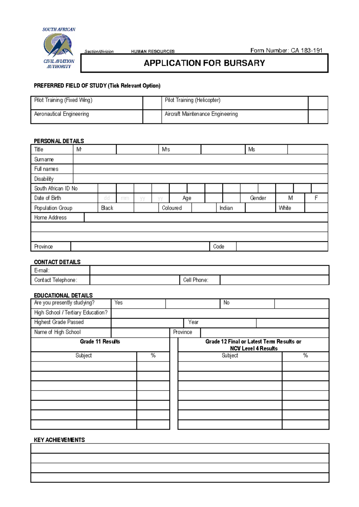 CA 183-191 Application for Bursary (2024) - Section/division HUMAN ...