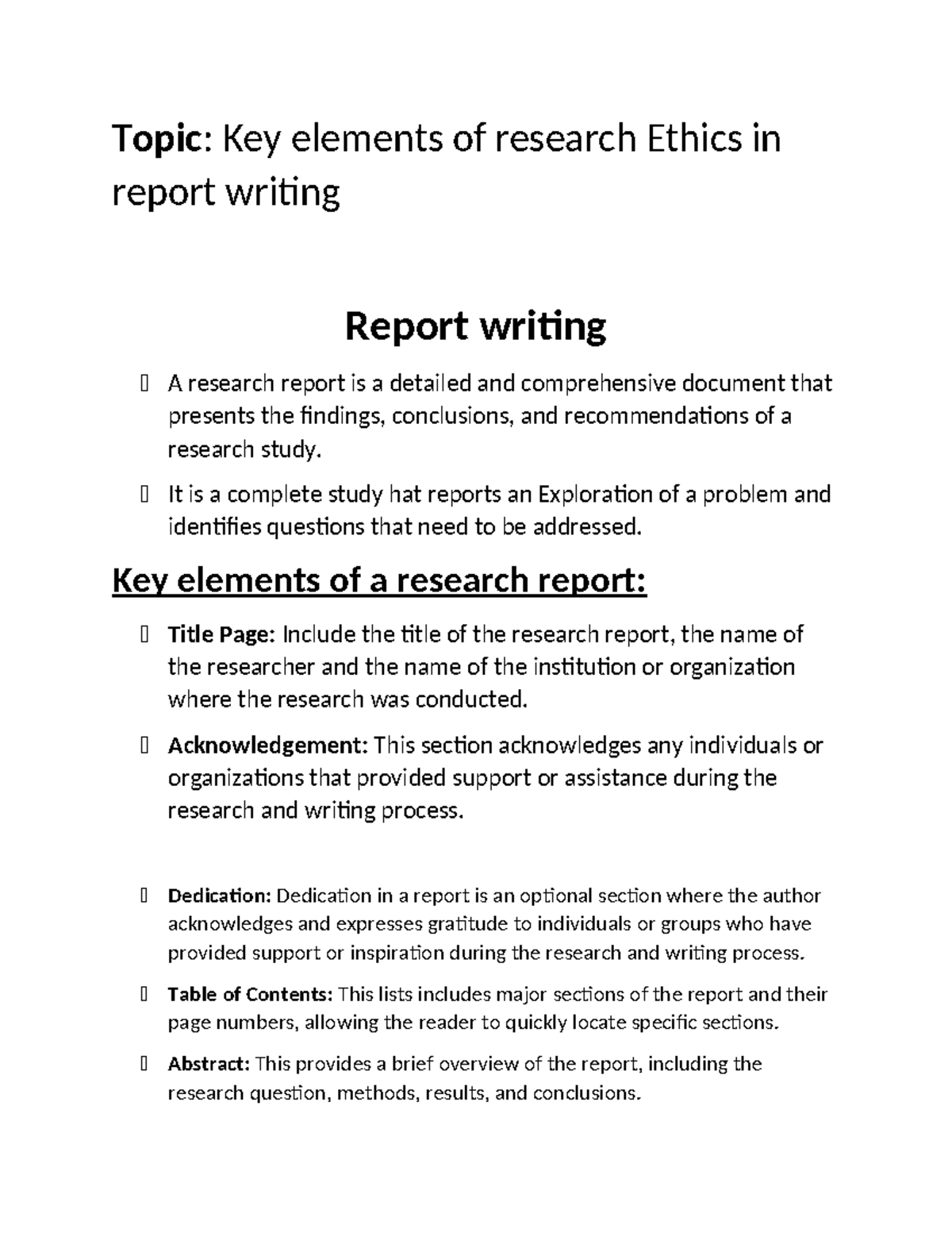 report writing assignment - Topic: Key elements of research Ethics in ...