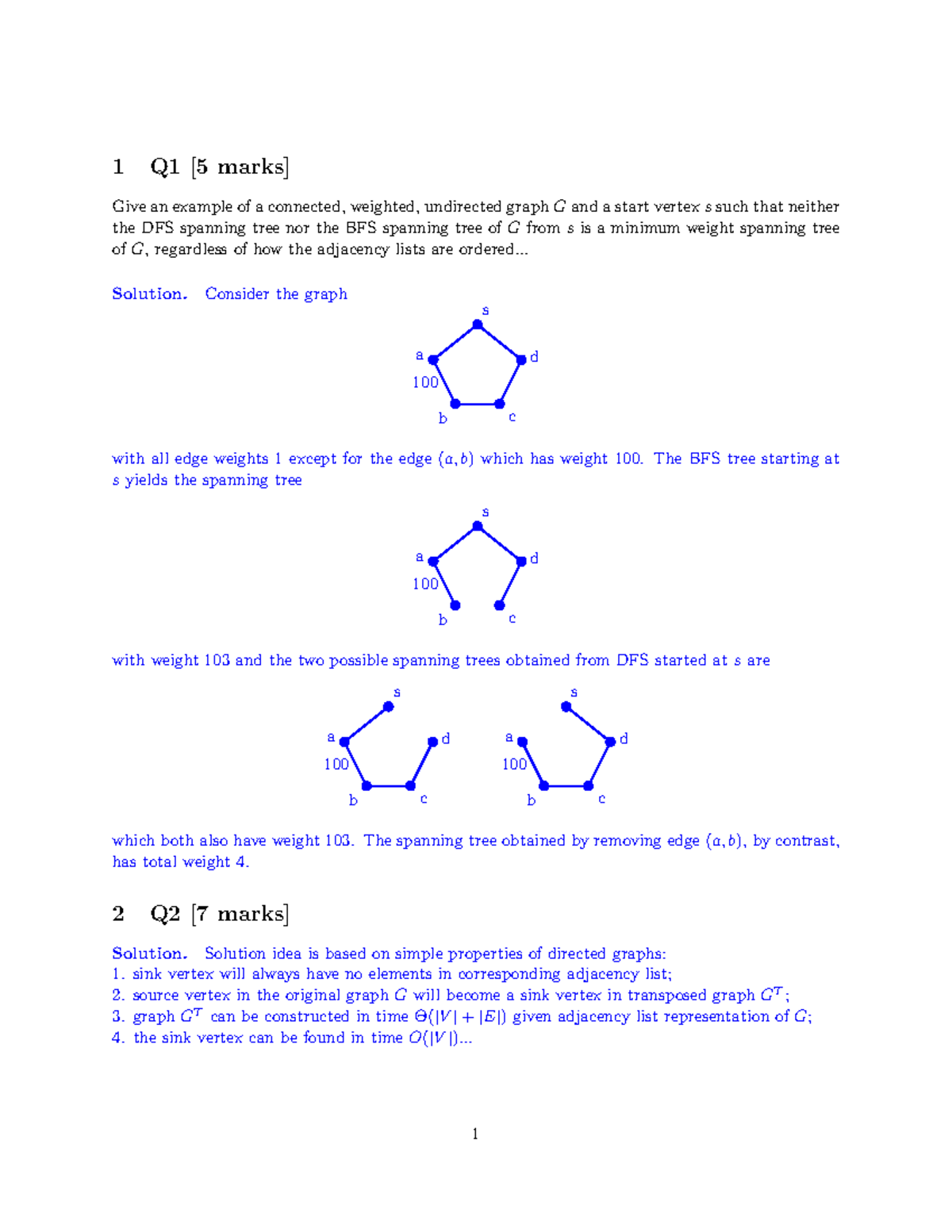 Solution prof .pdf - Answers to assignment 5 - 1 Q1 [5 marks] Give an example of a connected ...