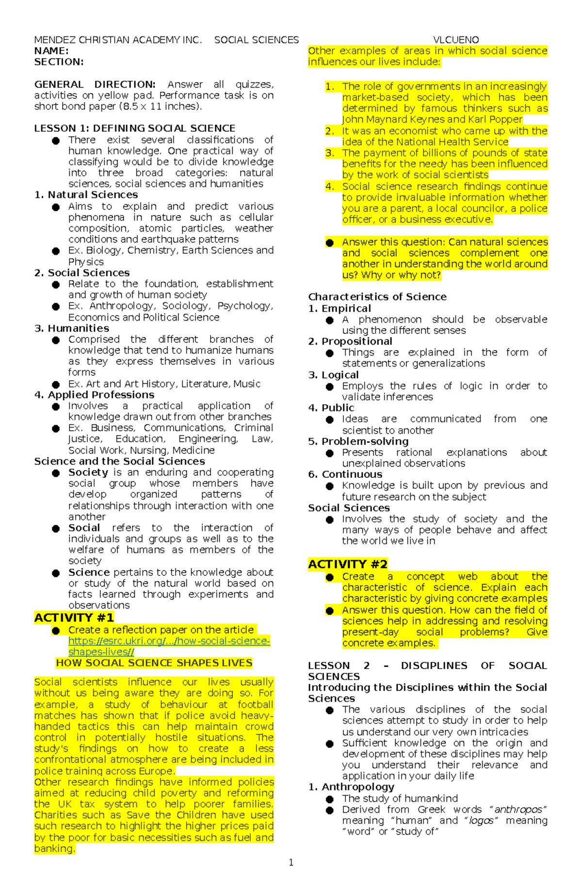 SS. Module 1 - Social Science - NAME: SECTION: GENERAL DIRECTION ...
