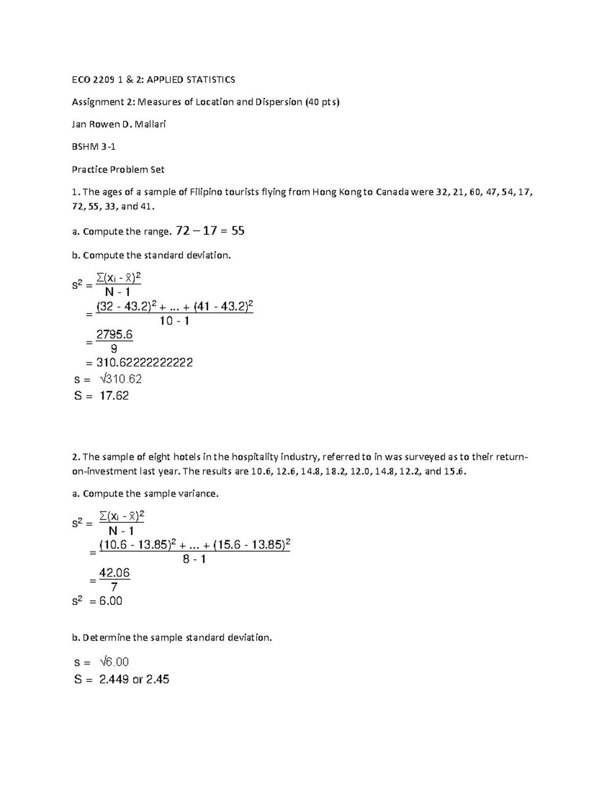 Assignment 2 Mallari Jan Rowen - ECO 2209 1 & 2: APPLIED STATISTICS Assignment 2: Measures of ...
