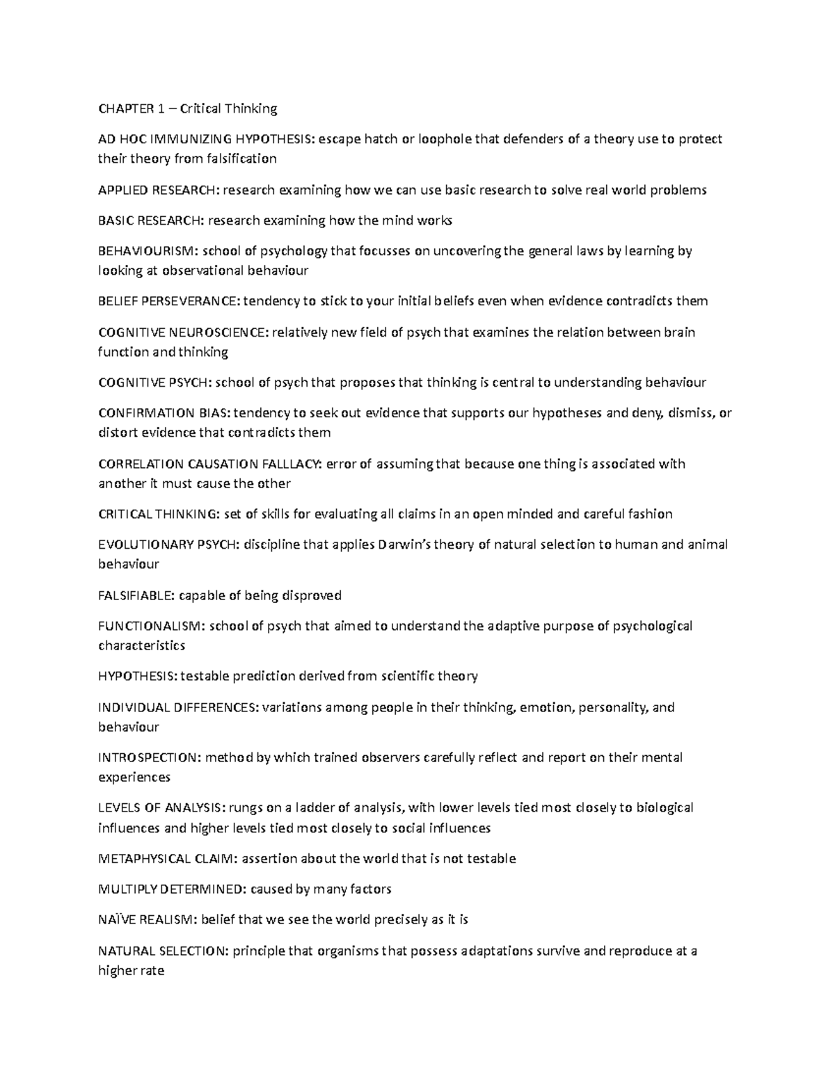 Psyc 1100 - Chapter 1 and 2 - CHAPTER 1 – Critical Thinking AD HOC ...