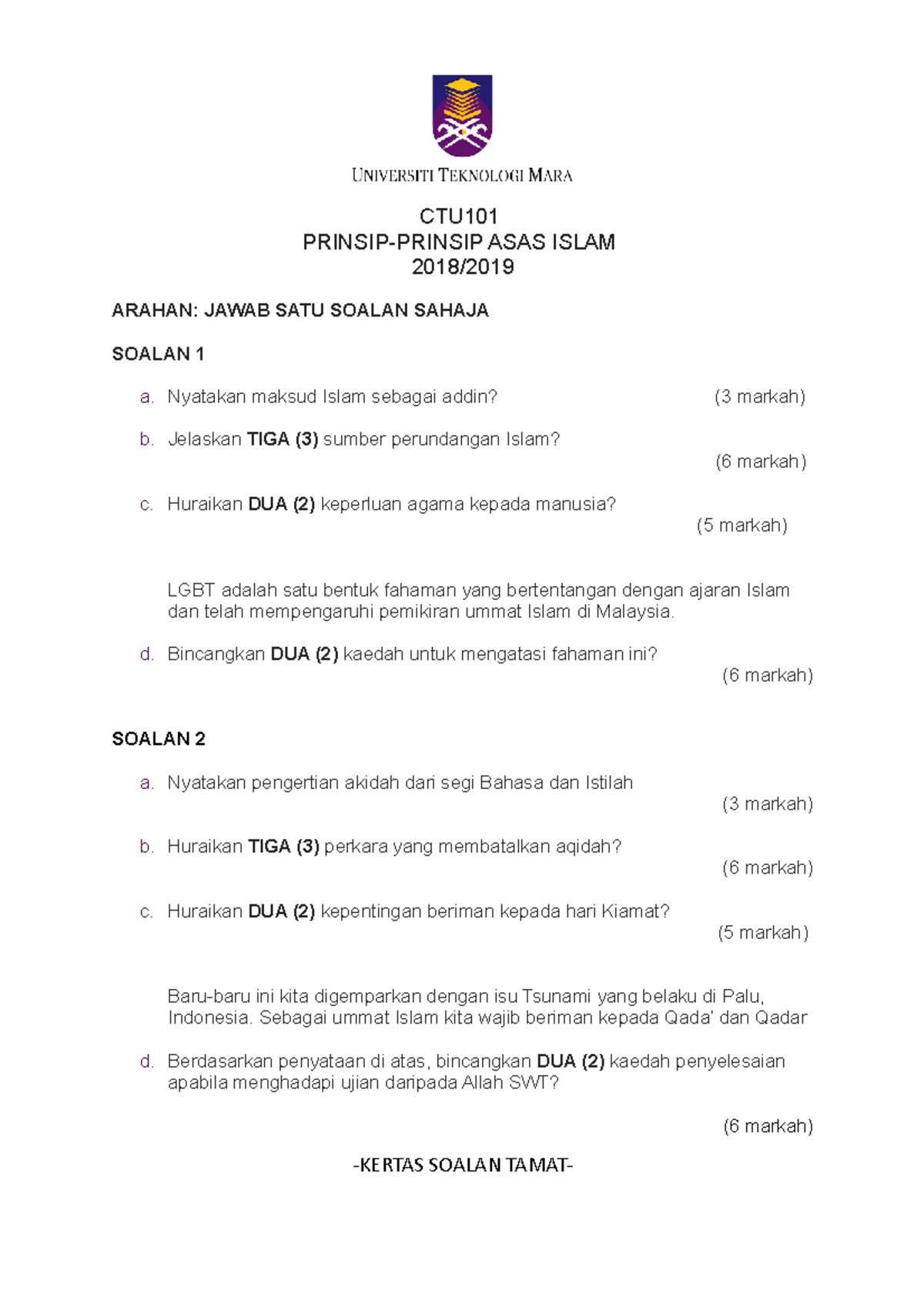 Test 1 ctu 101 1819 - CTU101 (FUNDAMENTALS OF ISLAM) - CTU PRINSIP ...