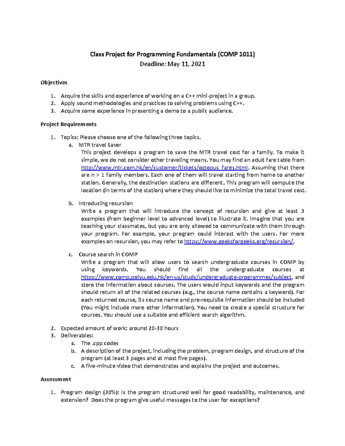 COMP1011 Project descriptions - Class Project for Programming ...