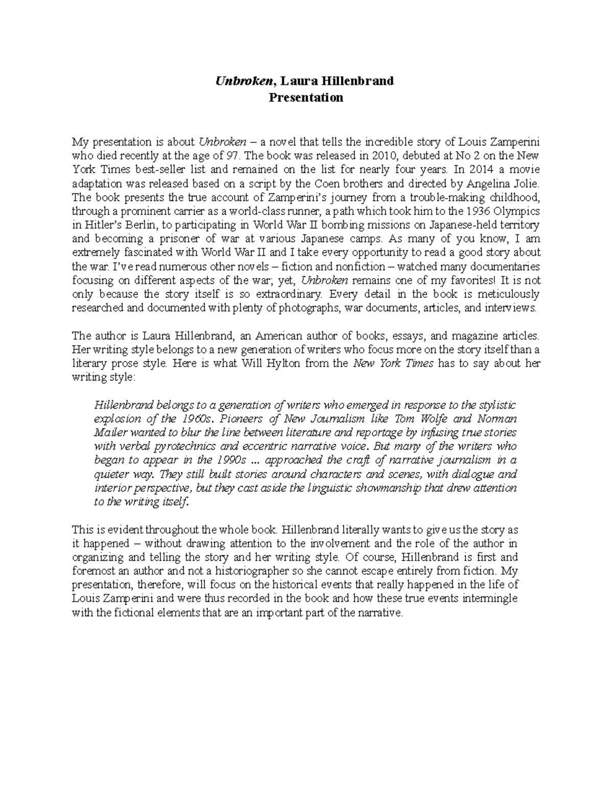 Unbroken, Presentation - Unbroken, Laura Hillenbrand Presentation My ...