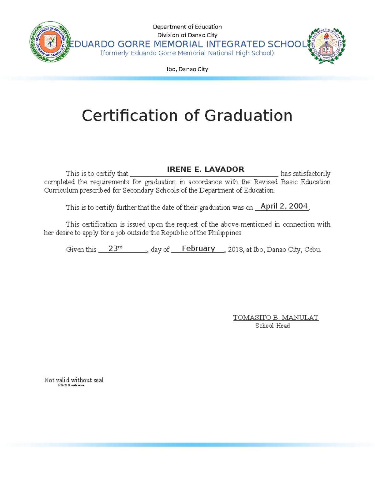 Abroad females Certificate OF Graduation - Department of Education ...