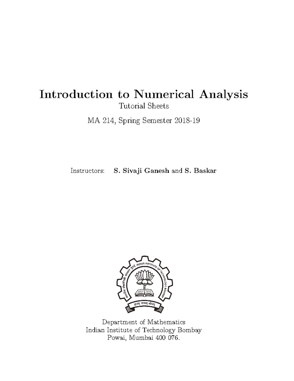 Tutorial-NA-MA214 - Introduction to Numerical Analysis Tutorial Sheets MA 214, Spring Semester ...