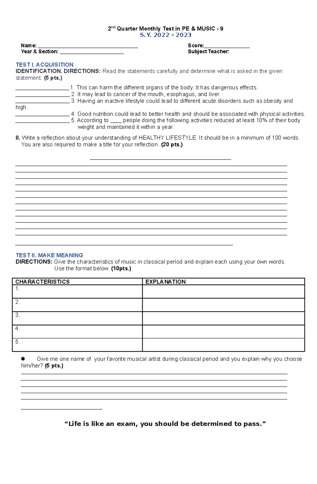 P.e and music test - hope this will be a help :) - 2 nd Quarter Monthly ...