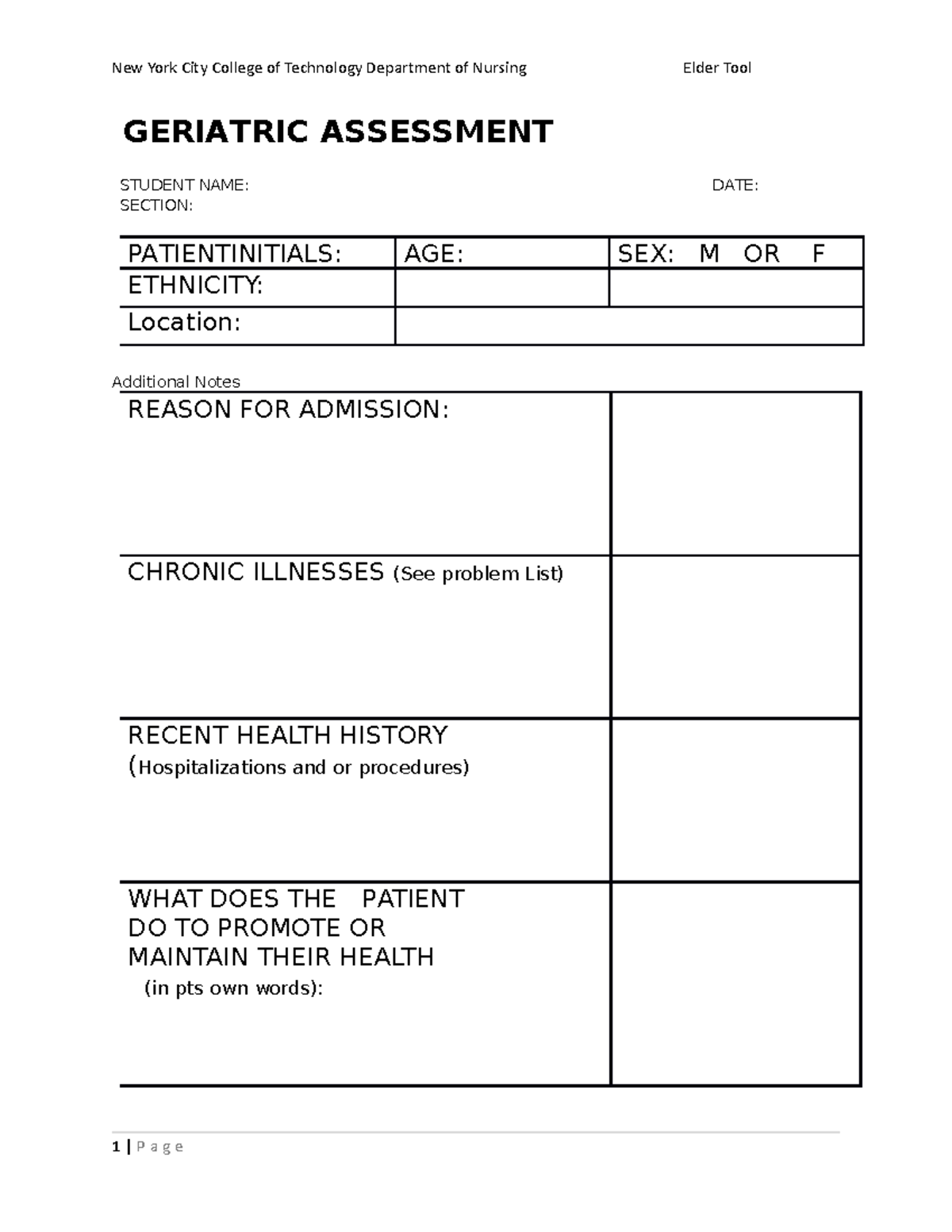 Elder tool (1) - idk - GERIATRIC ASSESSMENT STUDENT NAME: DATE: SECTION ...