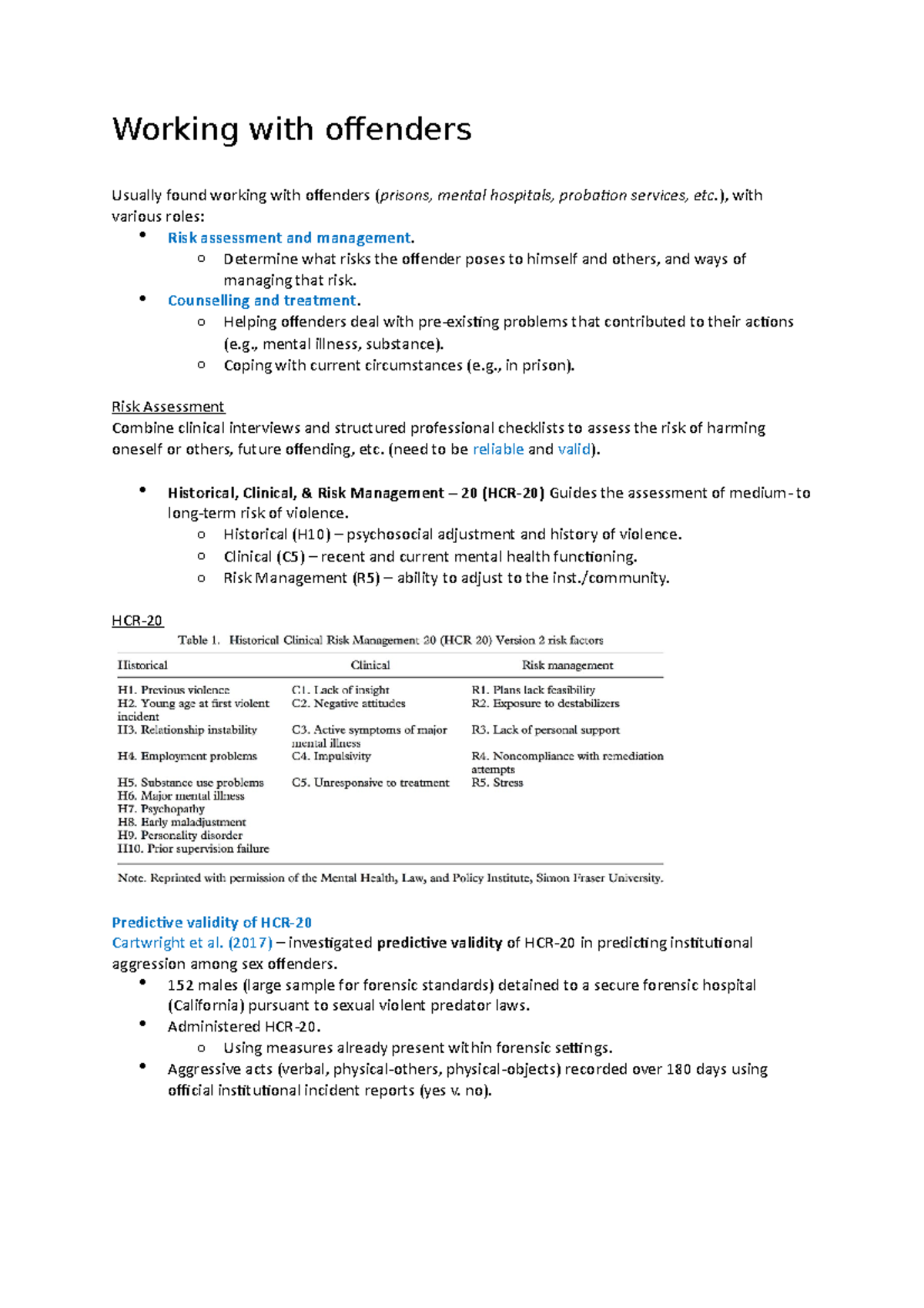 Working with offenders - ), with various roles: Risk assessment and ...
