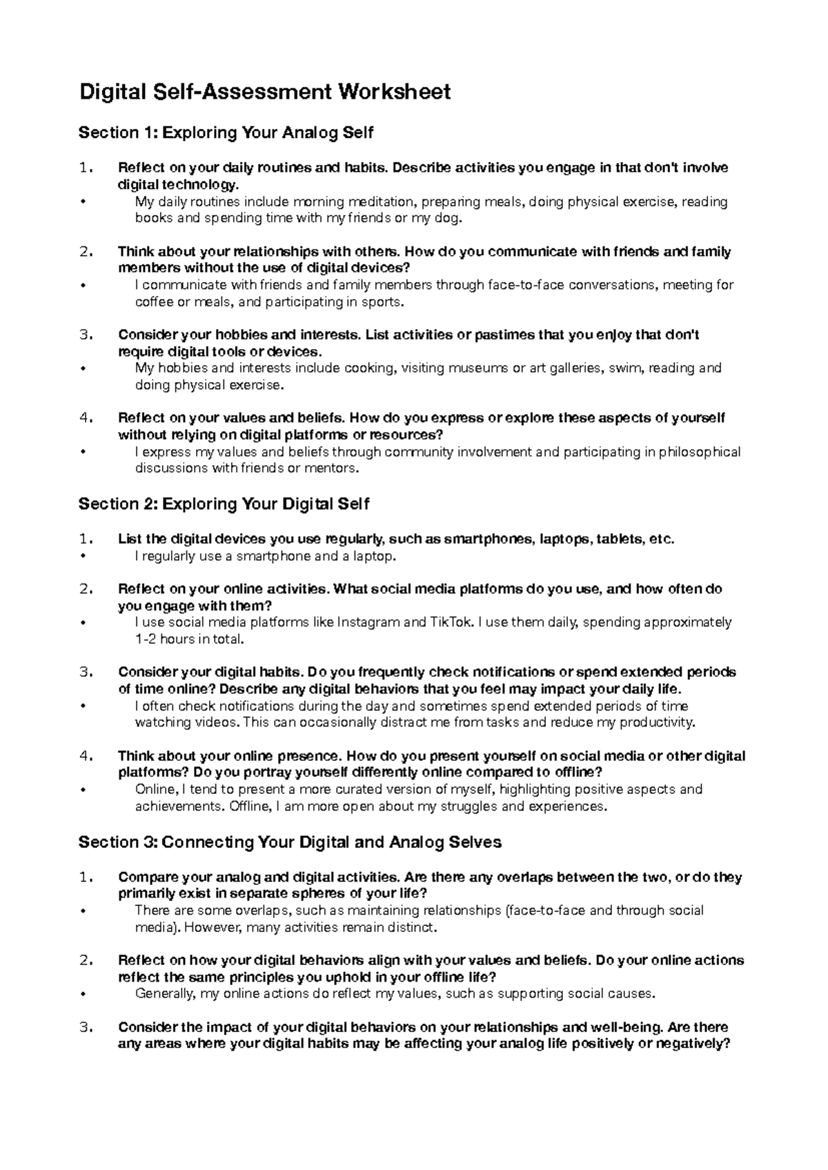 Digital self-assesment - Digital Self-Assessment Worksheet Section 1 ...