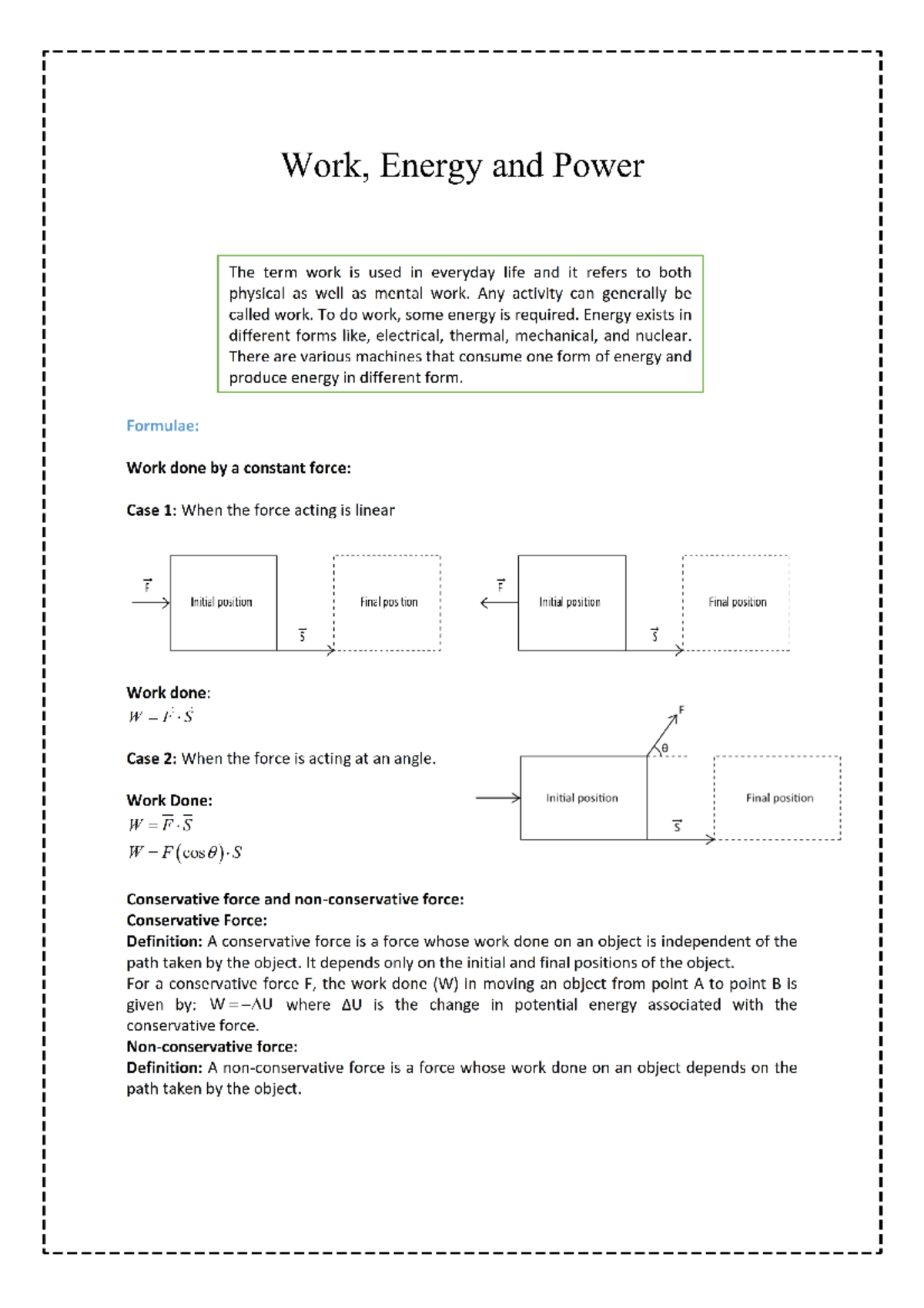 Formula work powre energy - Work, Energy and Power The term work is ...