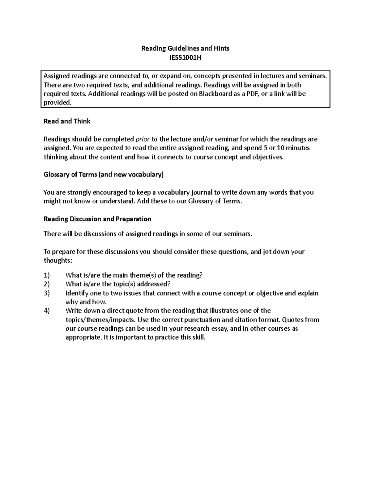 IESS1001H Reading Guidelines - Reading Guidelines and Hints IESS1001H ...