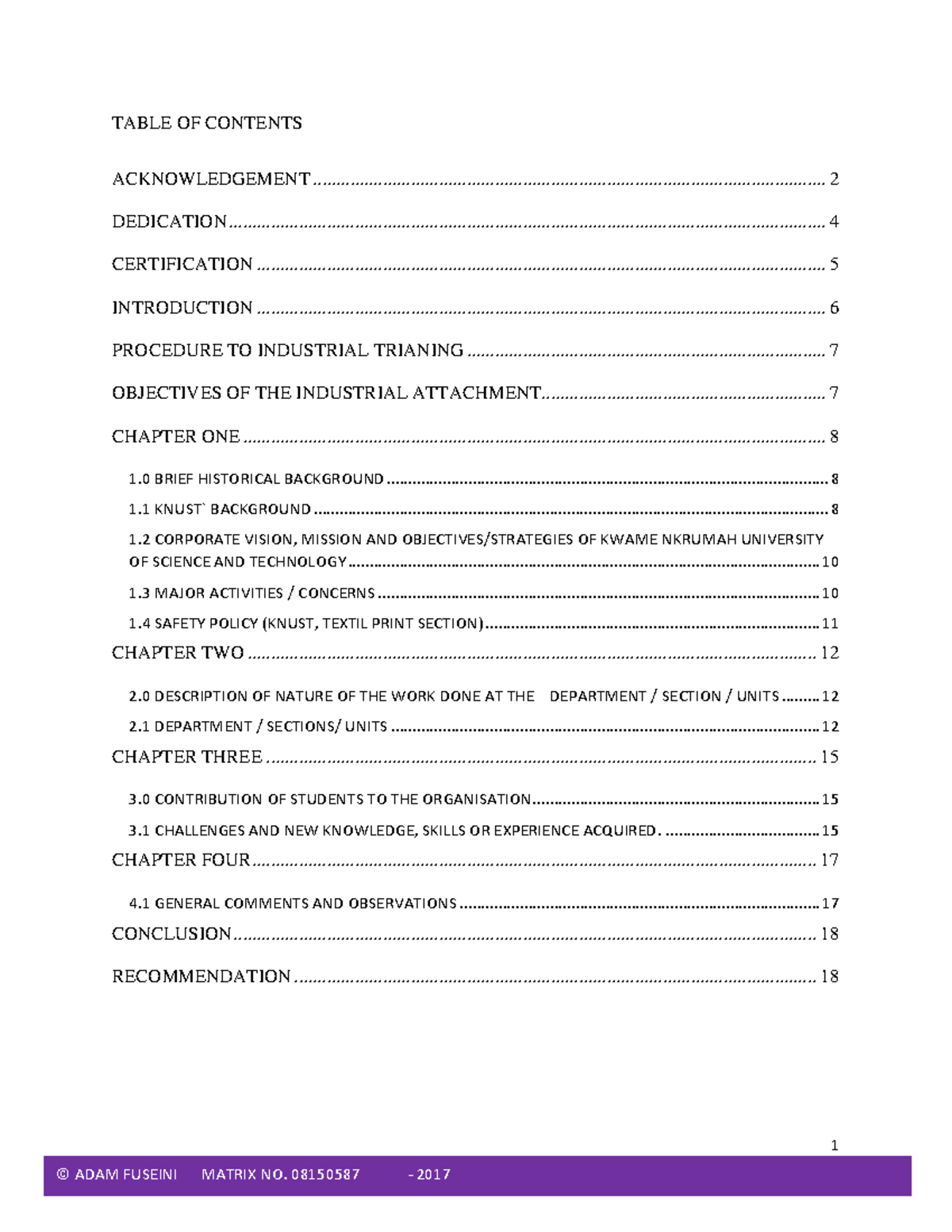 MY Attachment Report - TABLE OF CONTENTS - ACKNOWLEDGEMENT DEDICATION ...