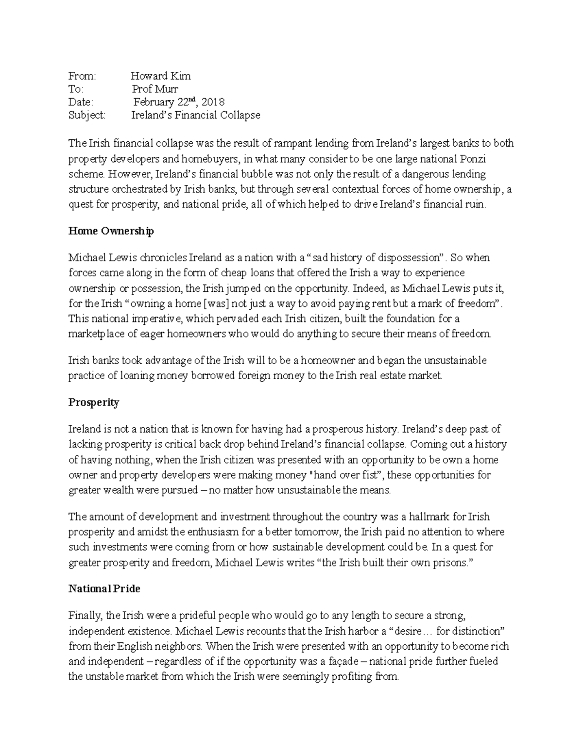 Ireland Memo - Grade: A - From: To: Date: Subject: Howard Kim Prof Murr ...