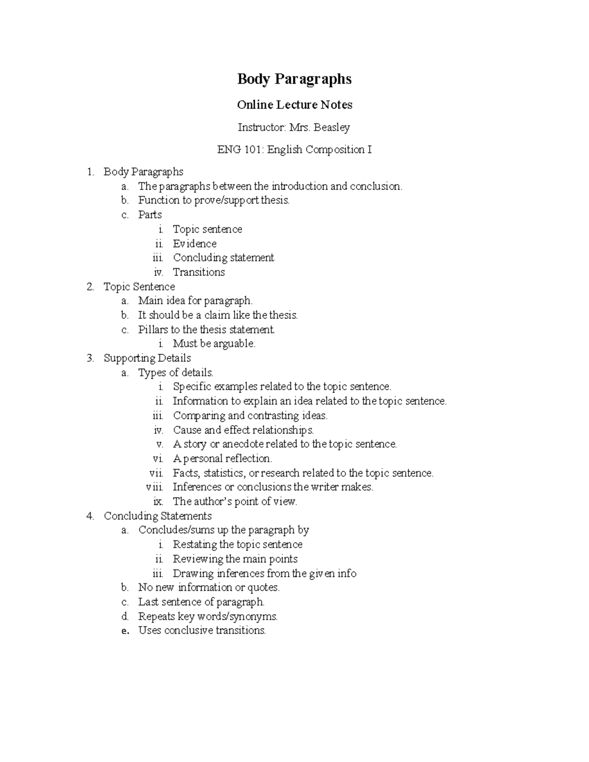 Module 1: Five Paragraph Essay - Body Paragraphs Lecture Notes - Body ...