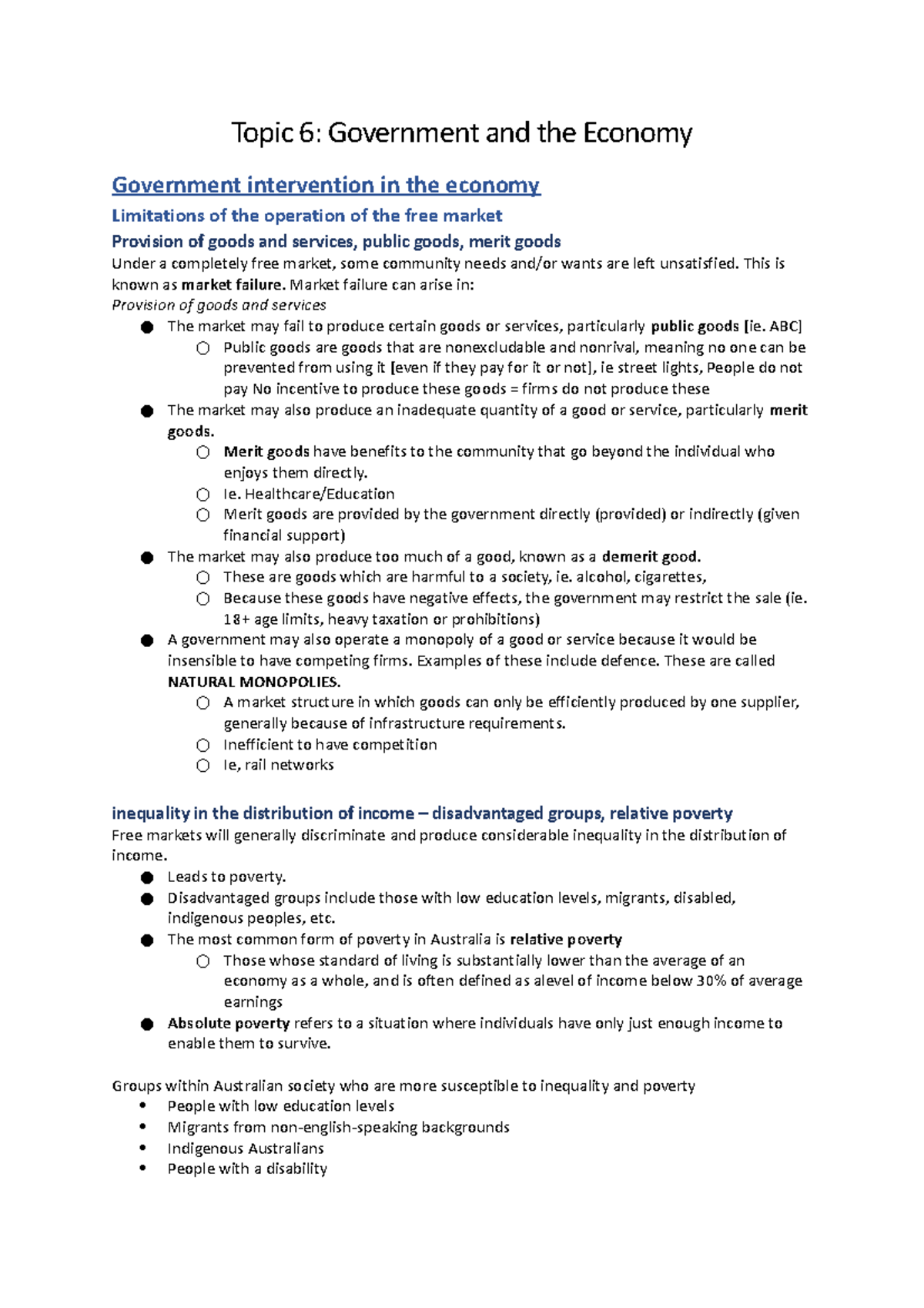 Topic 6 Notes - Topic 6: Government and the Economy Government ...