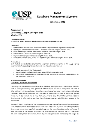 IS222 Assignment - IS Assignment: 1 Name: Neha Naidu ID: S Lab day: Tuesday Time: 1 - 3pm Campus ...