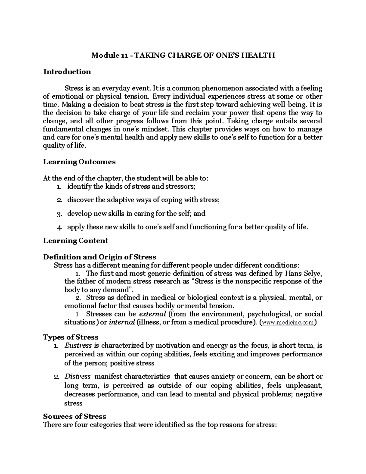Module-11 - philosophy - Module 11 - TAKING CHARGE OF ONE’S HEALTH ...