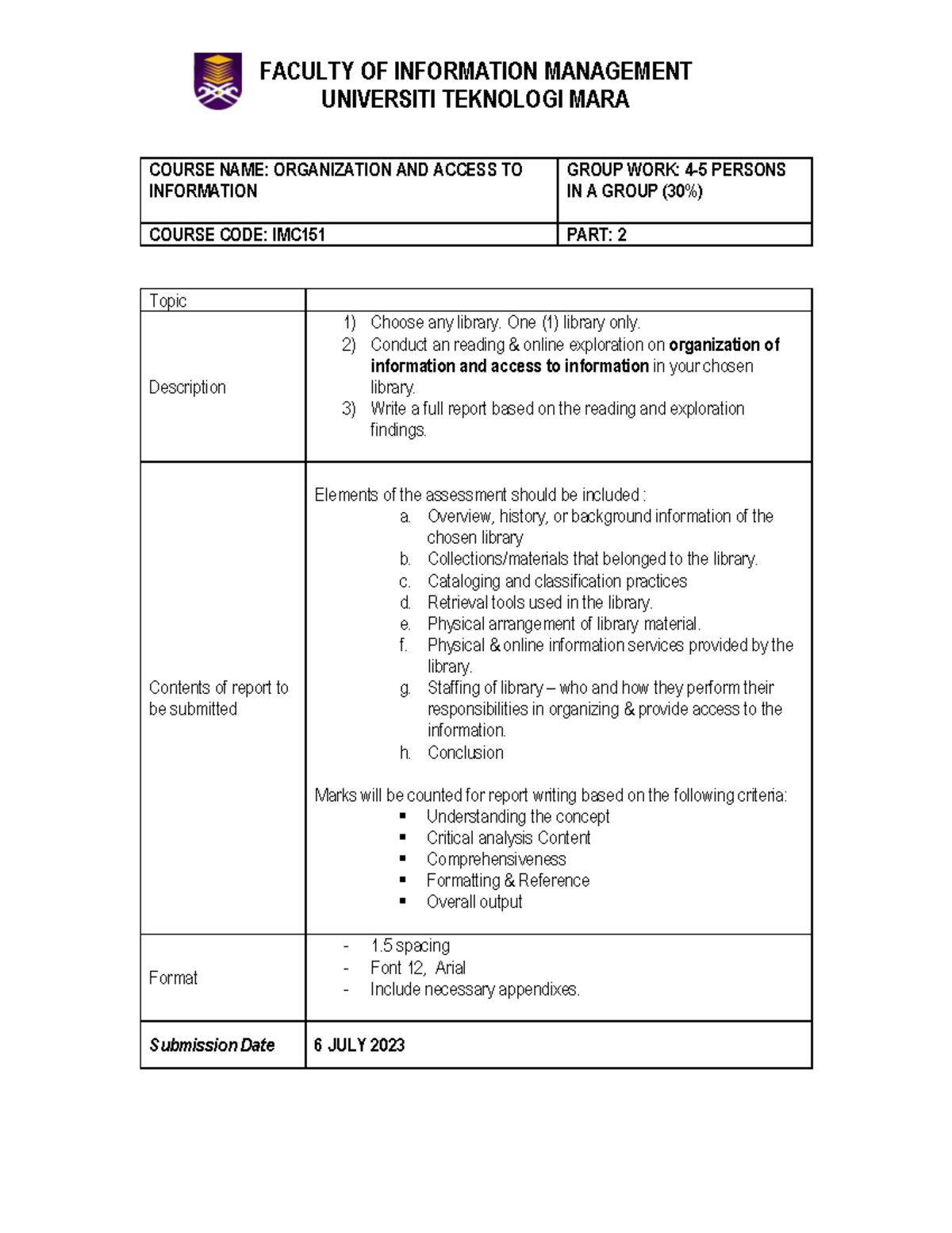 IMC151 Group Project 20232 - FACULTY OF INFORMATION MANAGEMENT ...