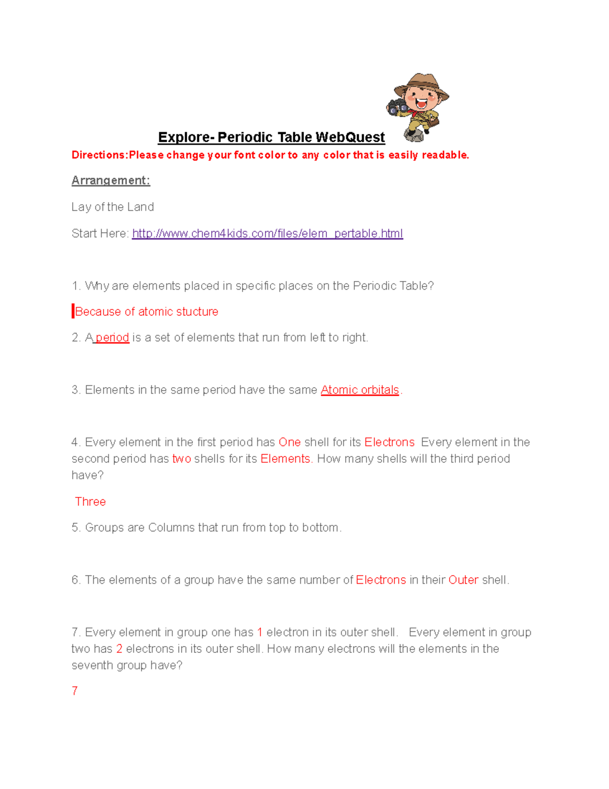 Hunter Explore- Periodic Table Web Quest - Explore- Periodic Table ...