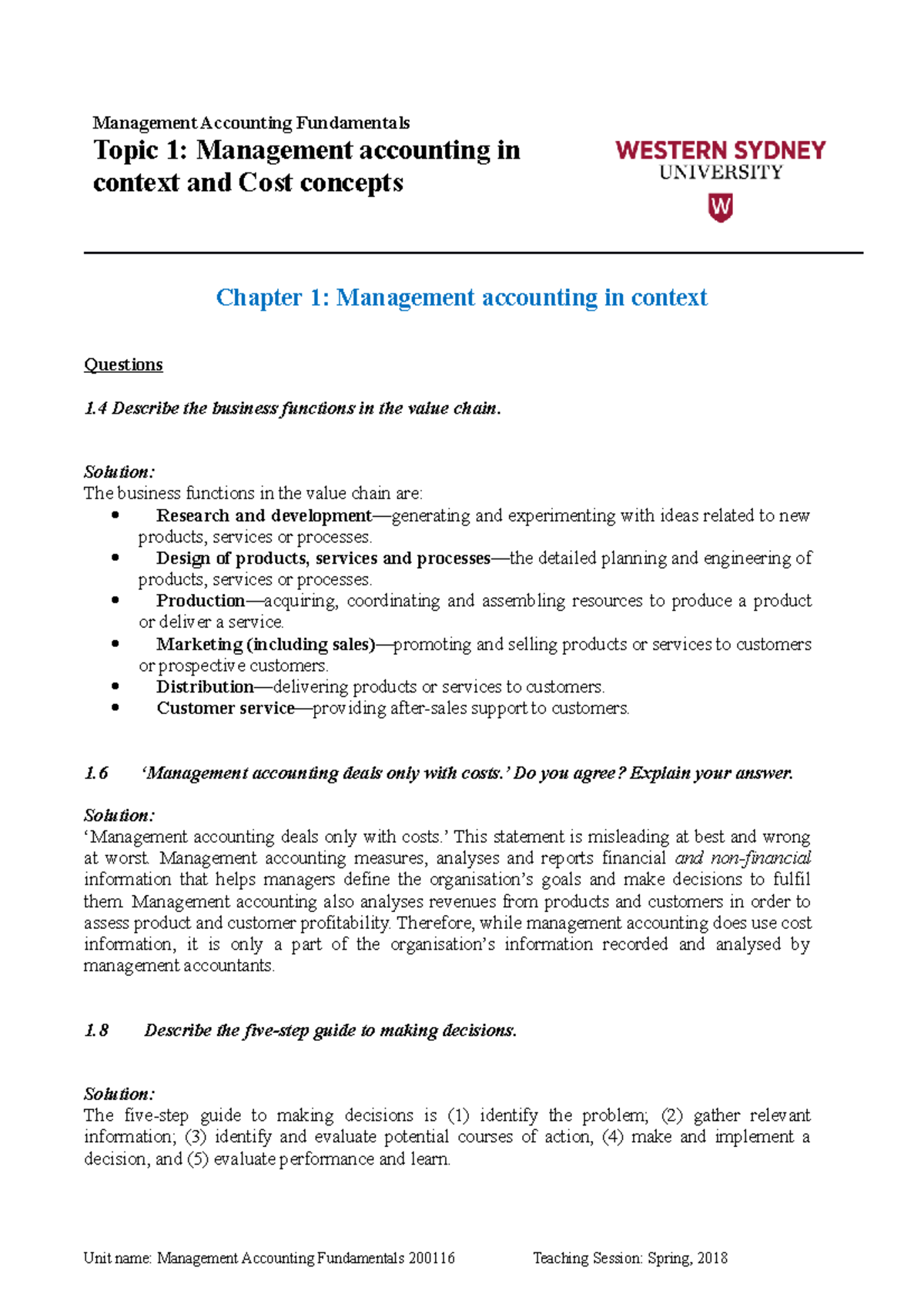 Week 1 Tutorial questions - Management Accounting Fundamentals Topic 1 ...