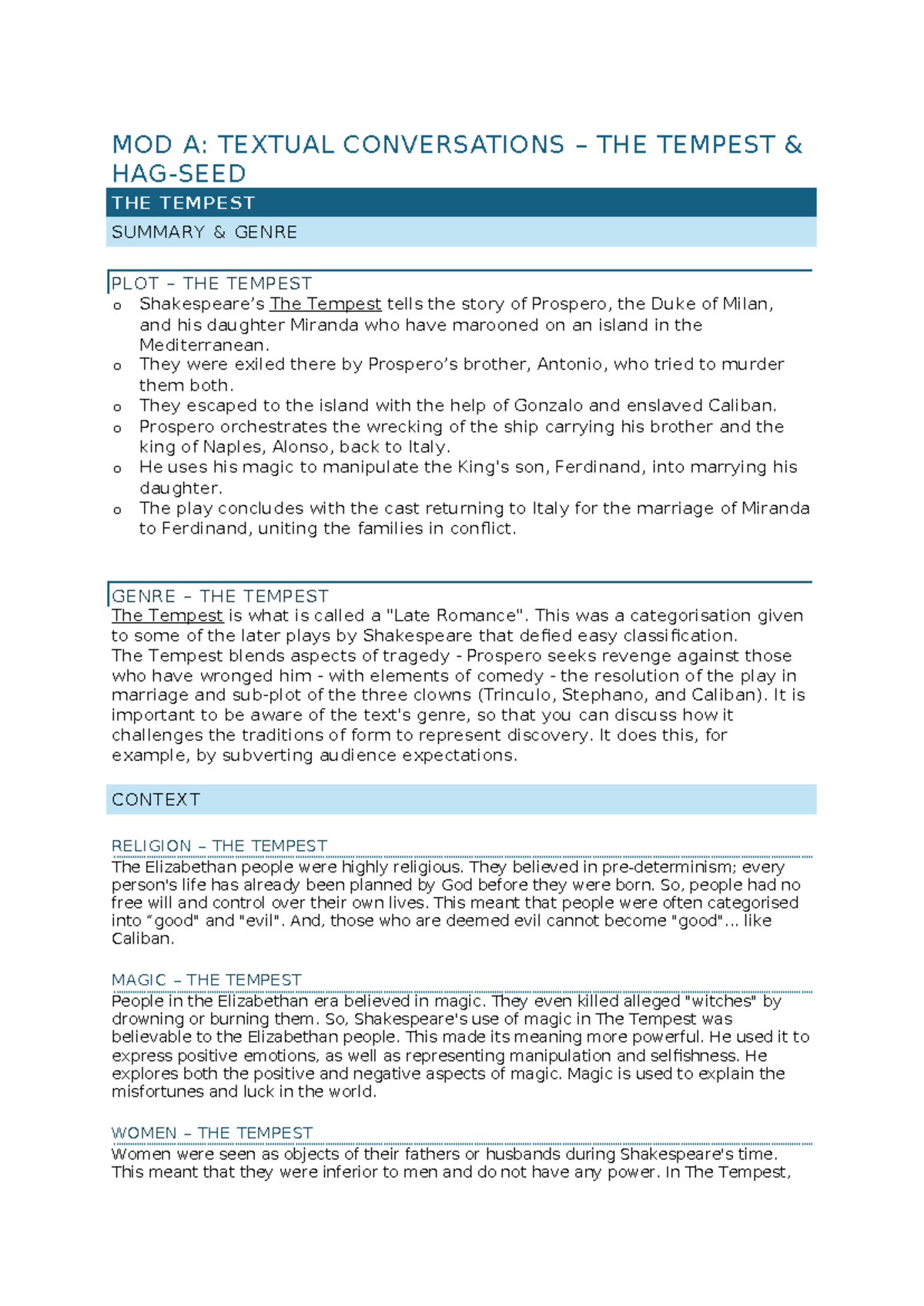 HSC English MOD A Summary - Tempest Hagseed - MOD A: TEXTUAL ...