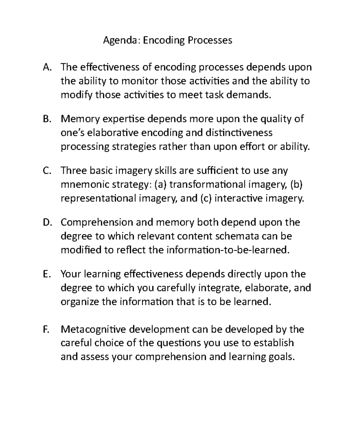 Fall 2017 PSY 2563 Encoding Processes Agenda - Agenda: Encoding ...