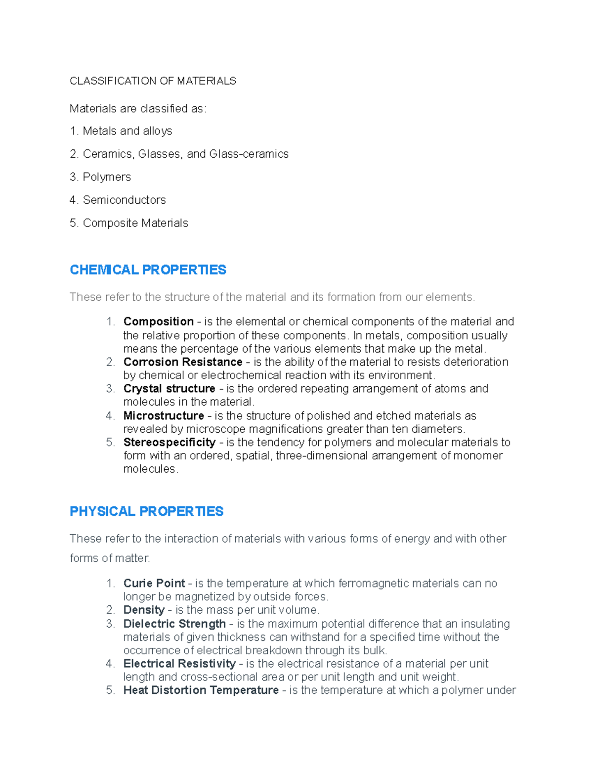 Thermo review - CLASSIFICATION OF MATERIALS Materials are classified as ...