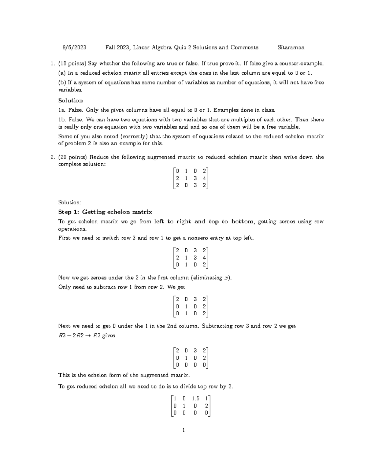 Linear-f23-quiz2s - QUIZ - 9/6/2023 Fall 2023, Linear Algebra Quiz 2 ...