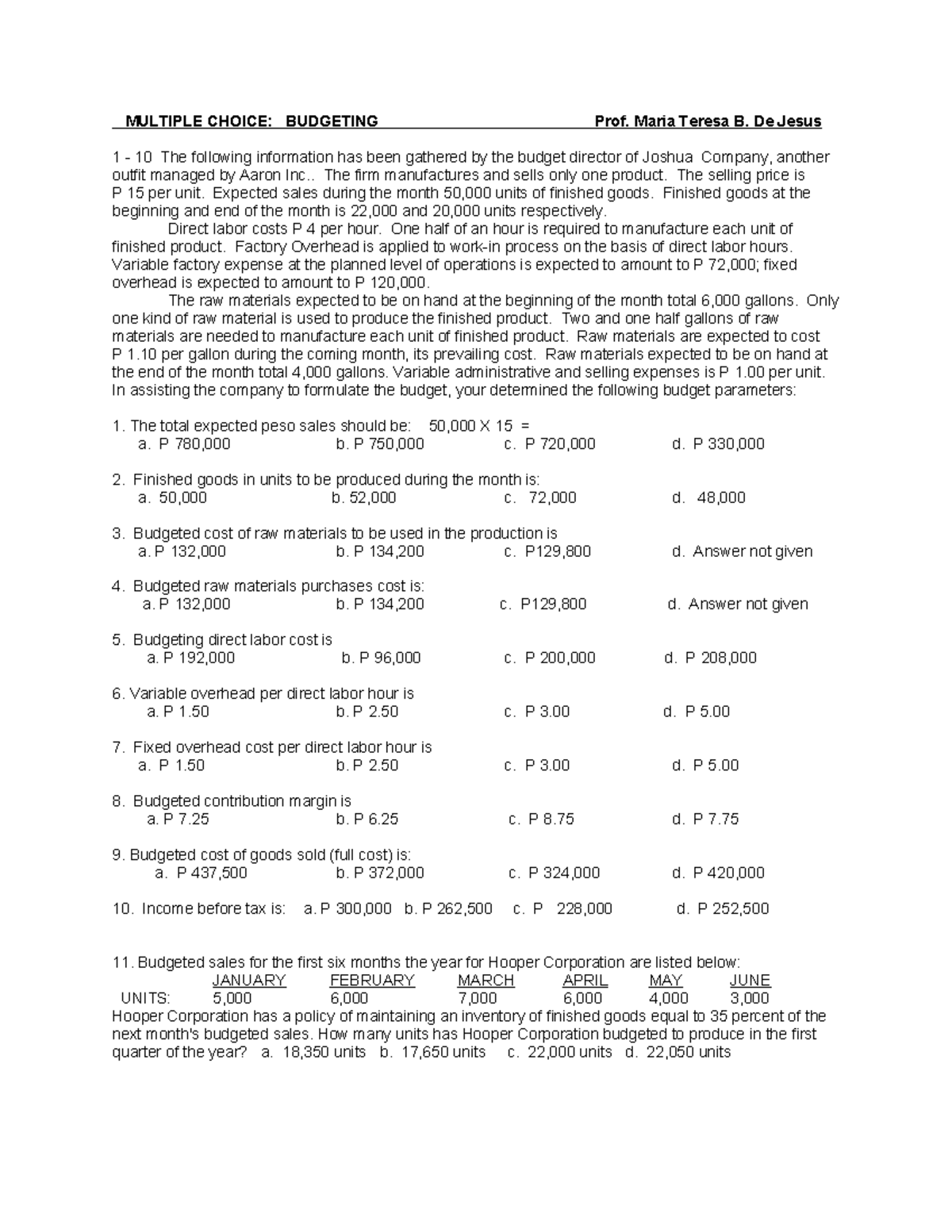 Budgeting Multiple Choice (assignment 9) - MULTIPLE CHOICE: BUDGETING ...