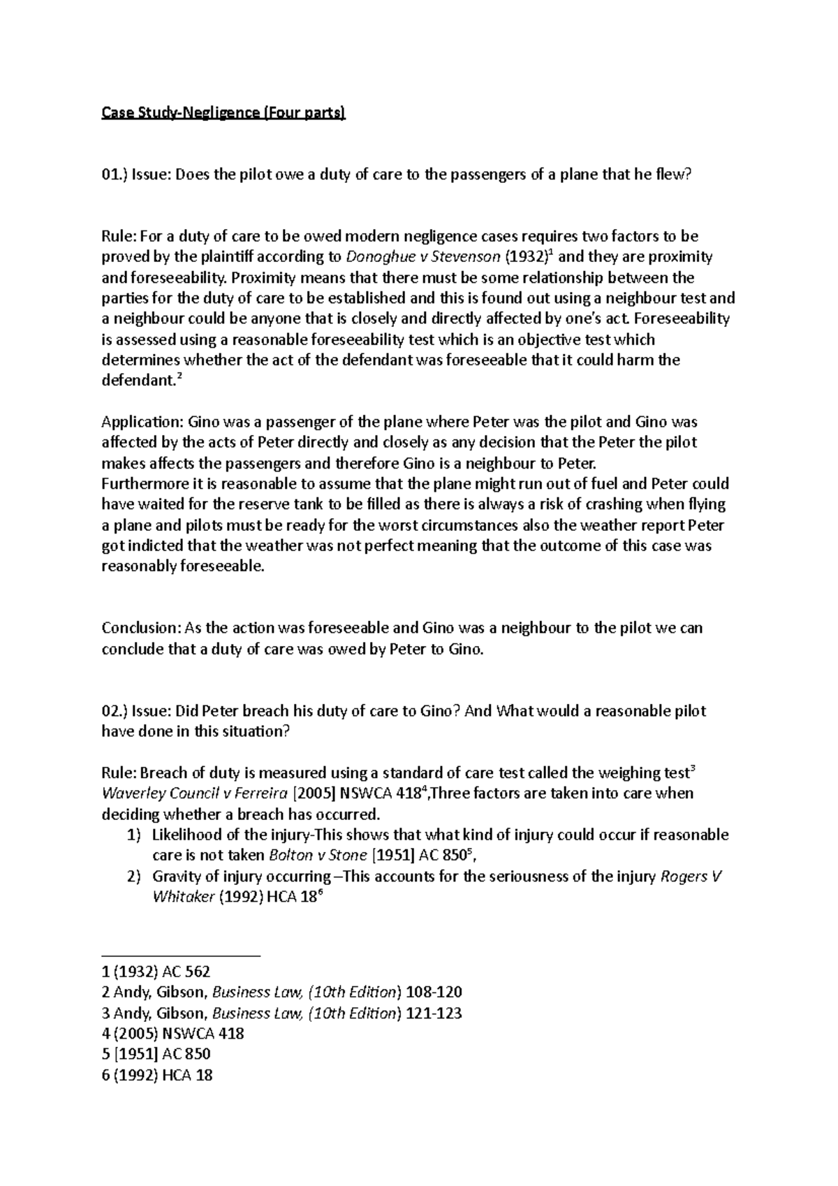 LAW Assignment 01 - Case Study-Negligence (Four parts) 01.) Issue: Does ...