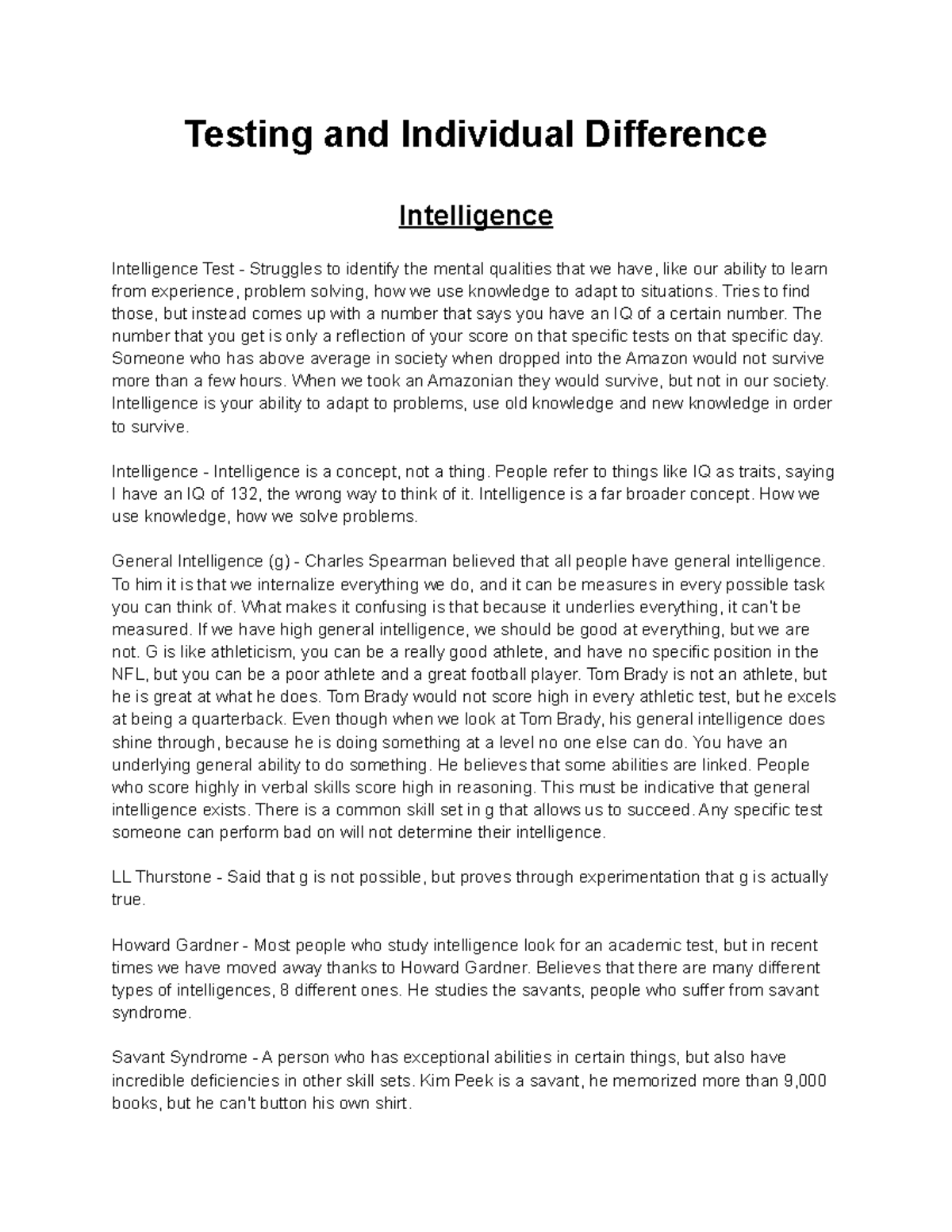 8 Intelligence, lecture 8 notes - Testing and Individual Difference ...